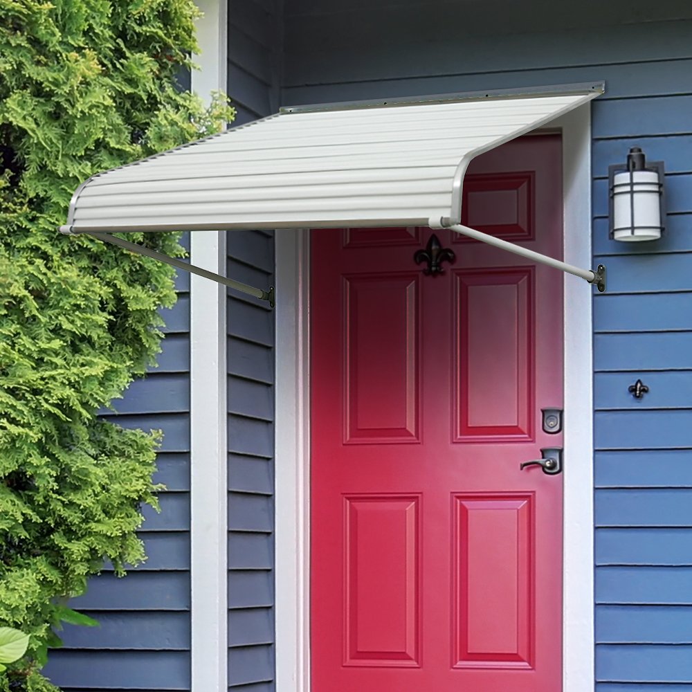 NuImage Awnings 48425 Series 2500 Aluminum Door Canopy with Support Arms, 48 inches Wide, White & M-D Building Products 6247 36-Inch Aluminum Drip Cap