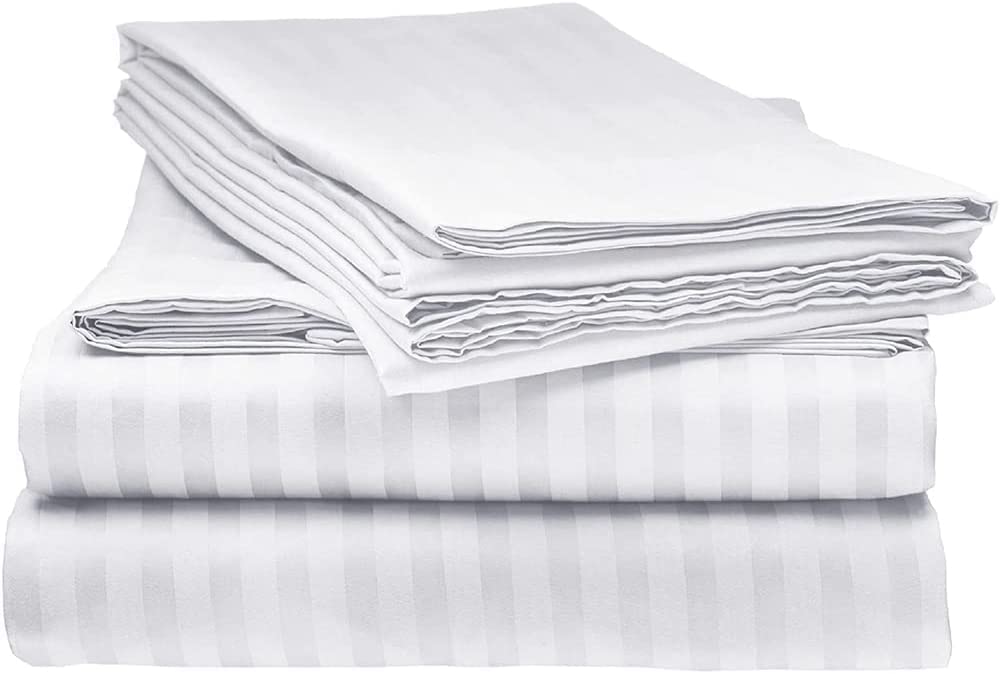 Queen White Stripe Sheet Set - Luxury Hotel Quality 1500 Thread Count Bedding Sheets & Pillowcases - Ultra Soft Breathable & Cooling Bed Sheets - 4 Piece Organic Cotton 6" Deep Pocket