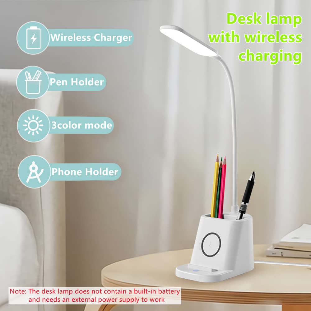 Small Desk Lamp with Wireless Charger, Desk Lights for Home Office - LED, White,Brightness Adjustment, 3 Color Modes,500LM, Study Lamp with Pen Holder, Desktop Study Desk Lamp for College Dorm Room