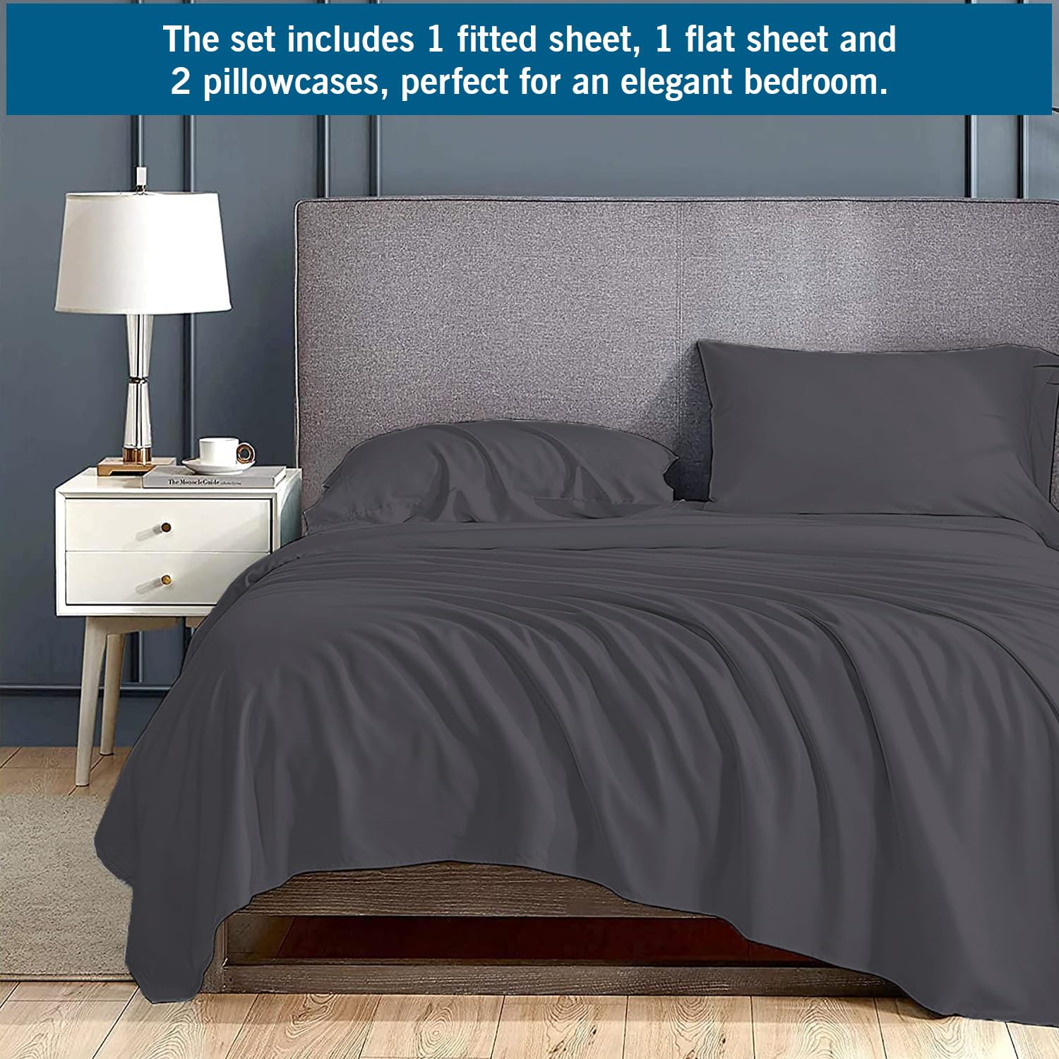 Saaz Linen 1000 Thread Count King Size Sheet Set - 100% Egyptian Cotton Hotel Luxury Collection Bedding Sheets - Fits Upto 16 Inch Deep Pocket - Sateen Weave Solid 4 Piece Sheets Set (Dark Grey)