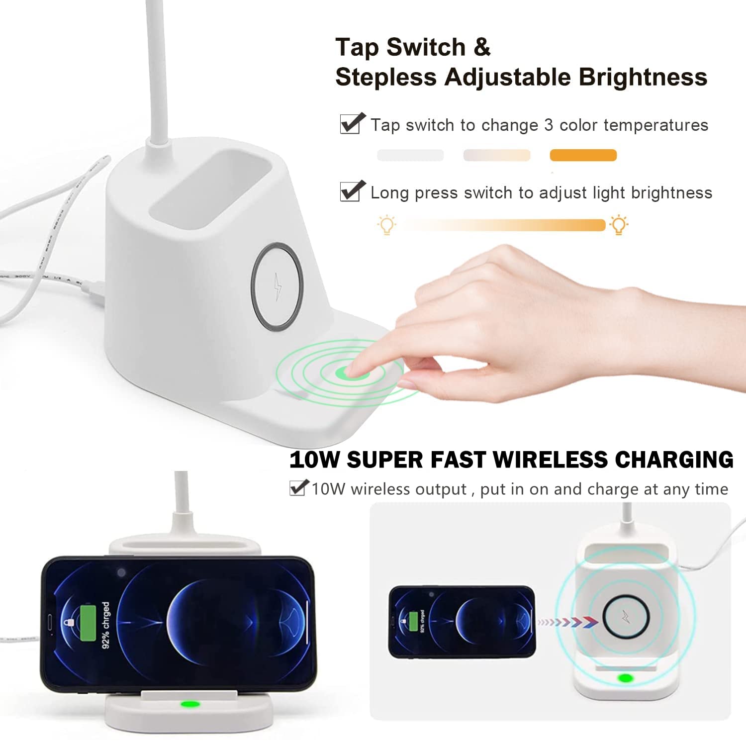 Small Desk Lamp with Wireless Charger, Desk Lights for Home Office - LED, White,Brightness Adjustment, 3 Color Modes,500LM, Study Lamp with Pen Holder, Desktop Study Desk Lamp for College Dorm Room