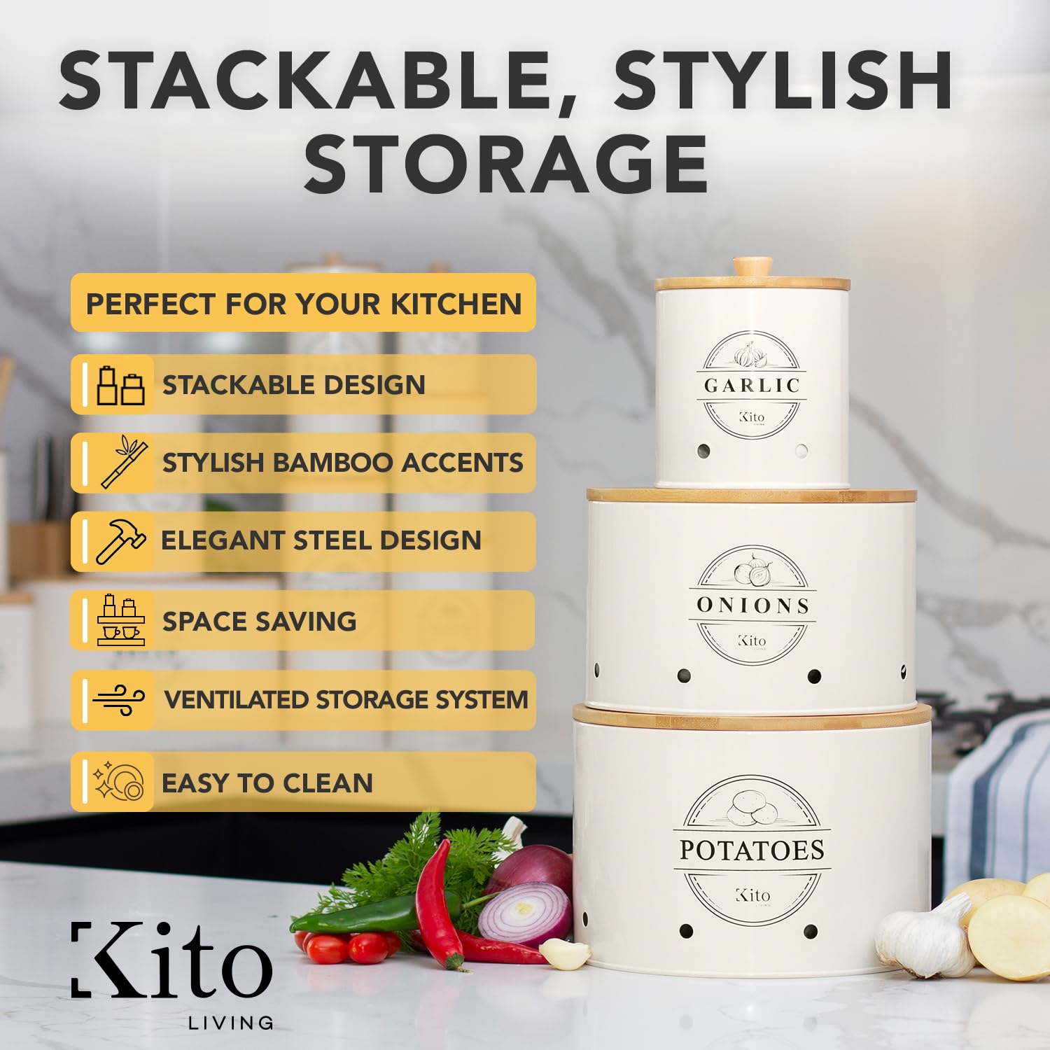 Kito LIVING Canister Sets For Kitchen Counter, 3 Piece Garlic Potato Onion Keeper Kitchen Canisters for Pantry Organization and Storage Bins with Wooden Bamboo Lids, Kitchen Organization (Cream)