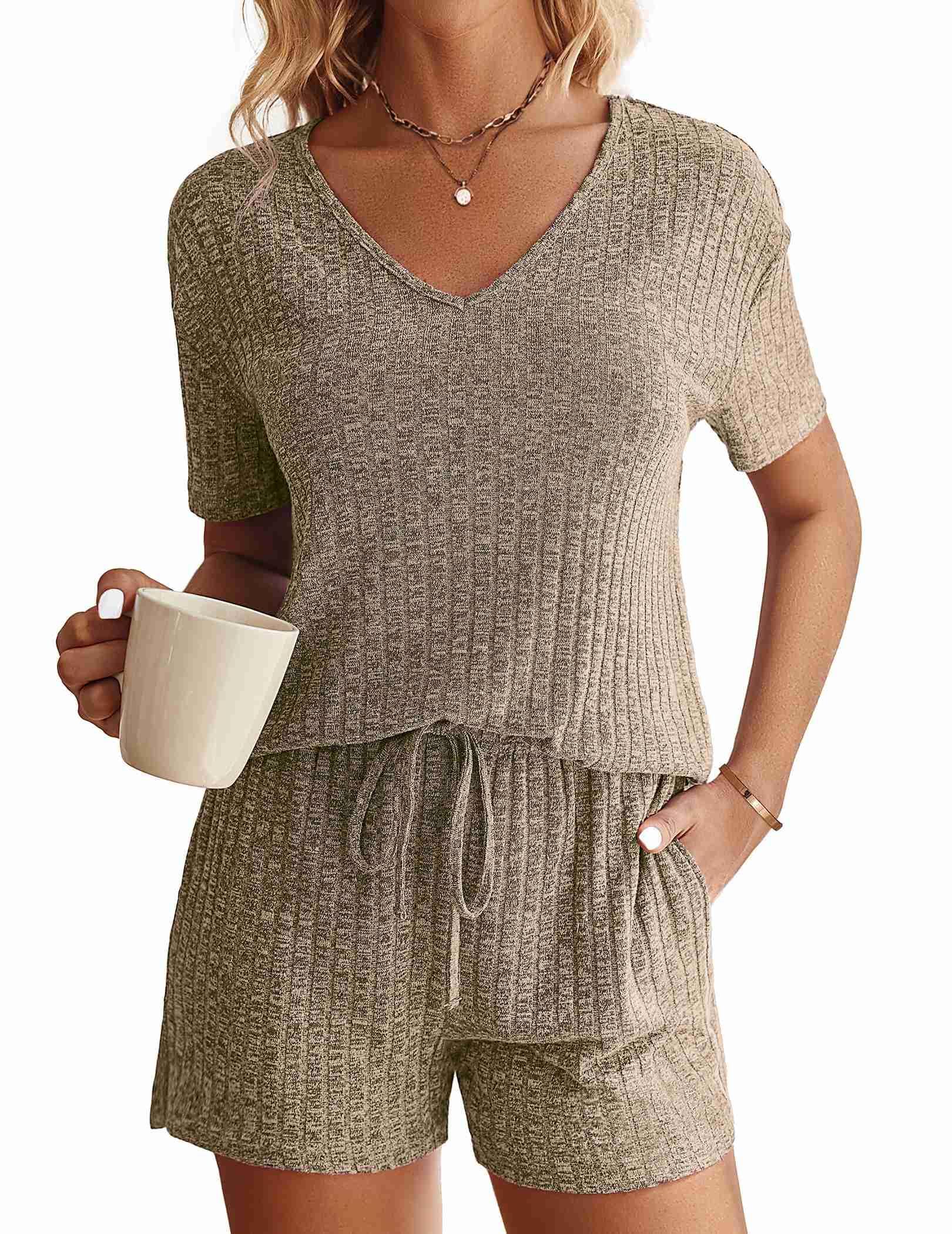 Ekouaer Womens Ribbed Knit Lounge Set Short Sleeve Top and Shorts Sleepwear Pajama Set Two Piece Shorts Outfits Set Khaki