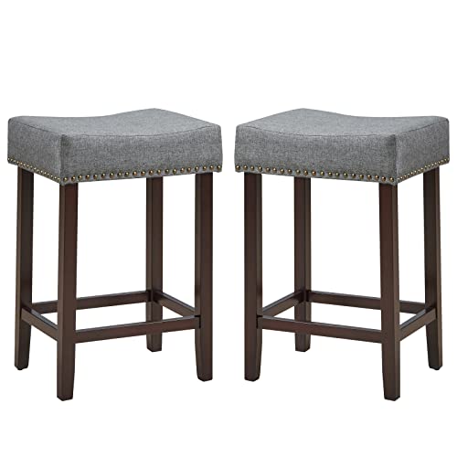 ERGOMASTER Counter Height Bar Stools Set of 2 Backless Fabric Barstools 24-Inch Modern Wood Saddle Bar Stools with Nailhead Trim for Kitchen Island Counter Tabel - Grey/Brown,2-Pack