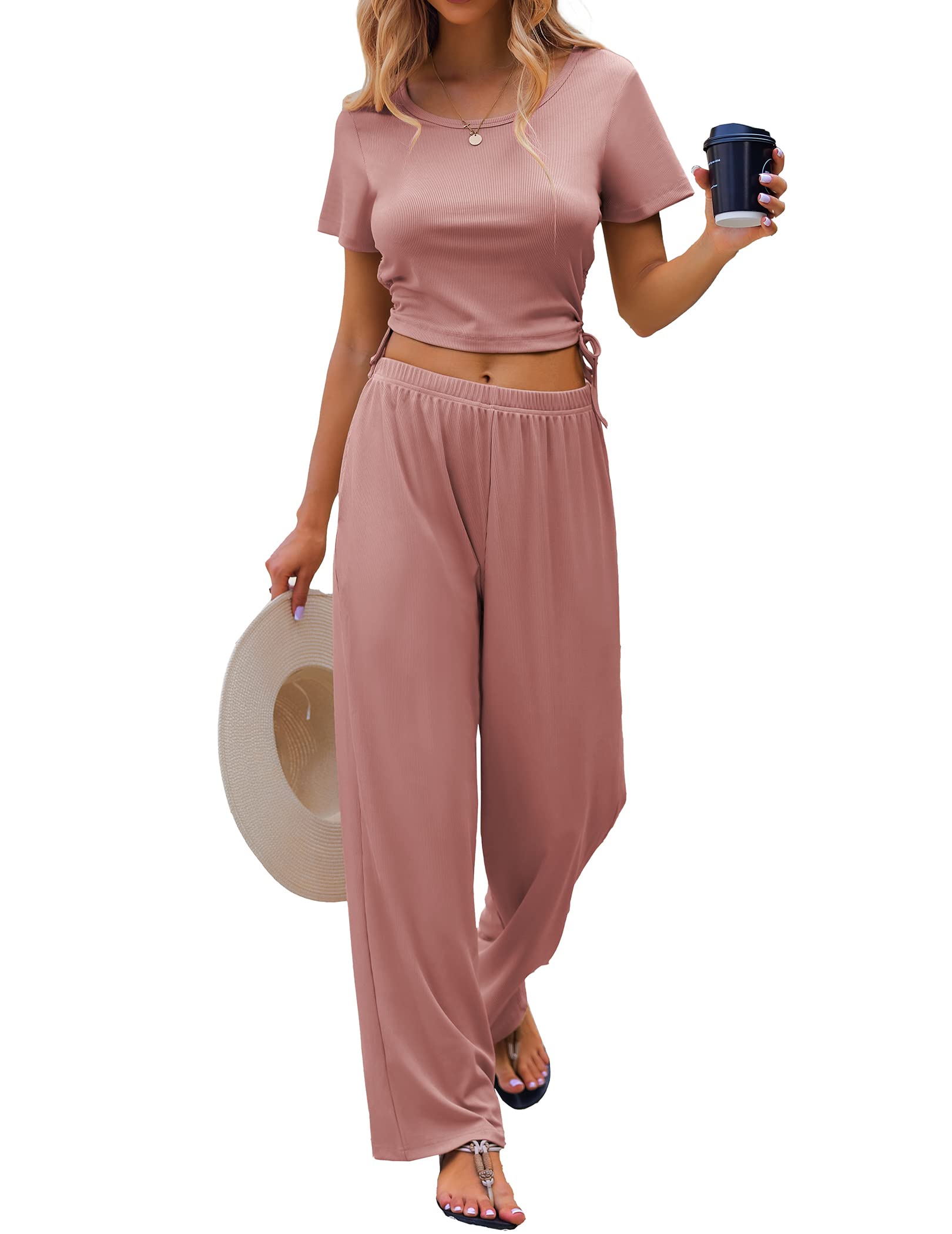 Ekouaer Women's Two Piece Lounge Set Ribbed Knit Crop Top Loose Wide Leg Pant Set Casual Outfits Sweatsuit Pink,M