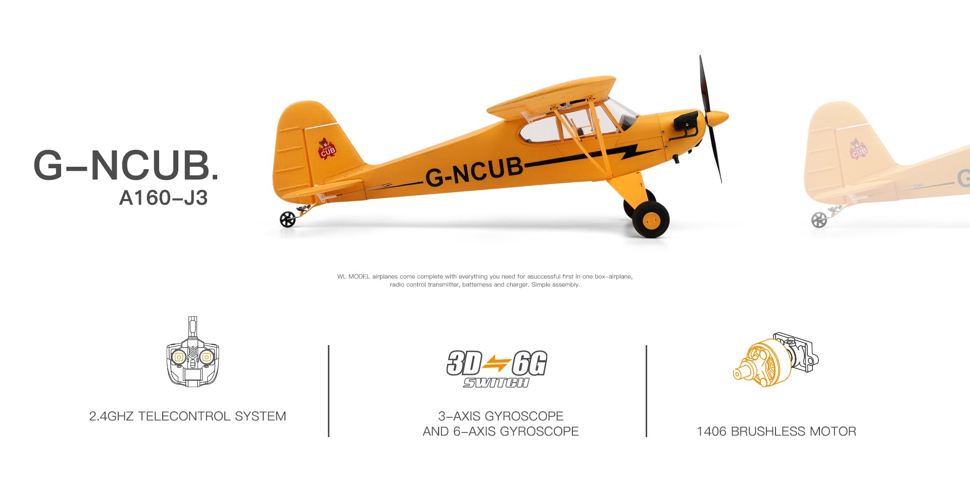 Ssccgym XK A160 RTF Large 25.6-Inch Brushless RC Plane 2.4GHZ 6-AXIS Gyro Remote Control Airplane J3 5CH EPP Foam World War II Aircraft Model Smart-Fly with Double-Batteries