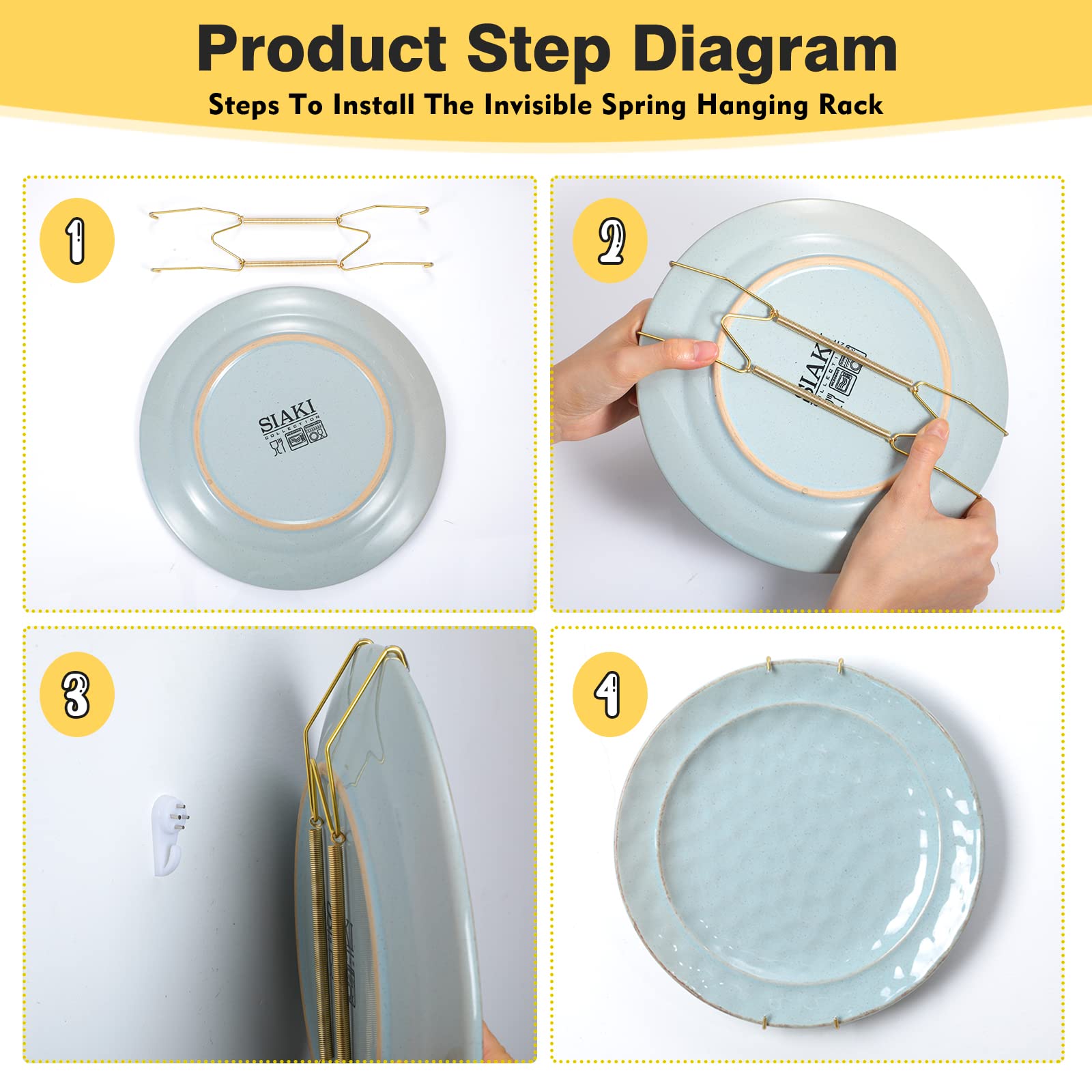 36 Pieces Plate Hangers 6/8/10 Inch Wall Plate Holder Stainless Steel Platter Wall Hanger Invisible Decorative Wire Plate Hangers Holders with 36 Pcs Wall Hooks 144 Pcs Tip Protectors for Antique Art