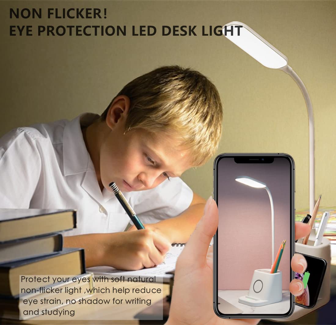 Small Desk Lamp with Wireless Charger, Desk Lights for Home Office - LED, White,Brightness Adjustment, 3 Color Modes,500LM, Study Lamp with Pen Holder, Desktop Study Desk Lamp for College Dorm Room