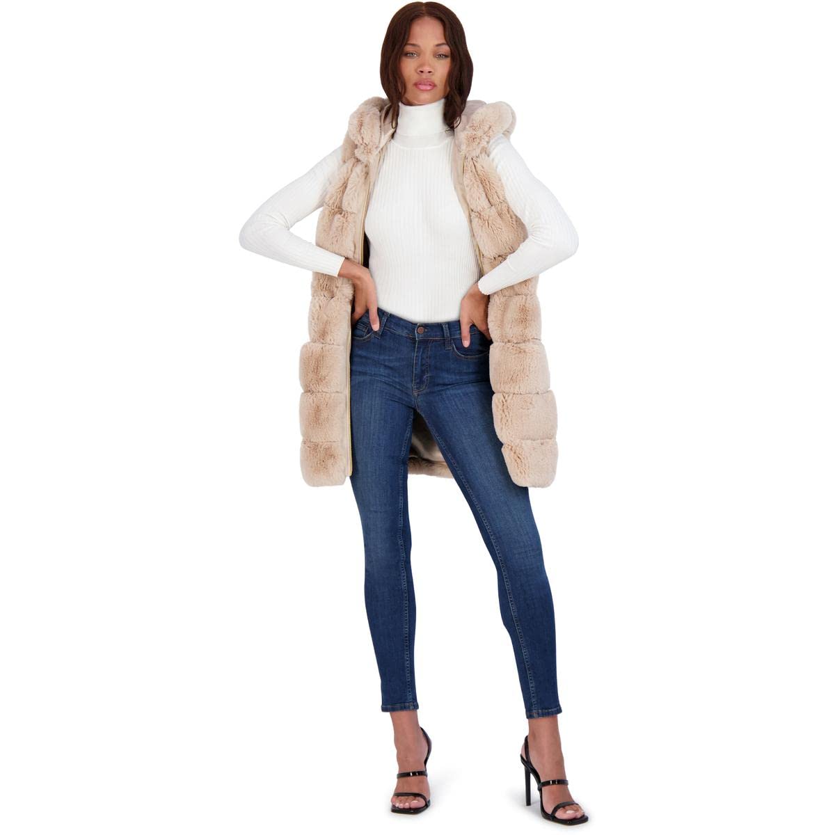 VIA SPIGA Women's Grooved Faux Fur Hooded Vest Beige Size L