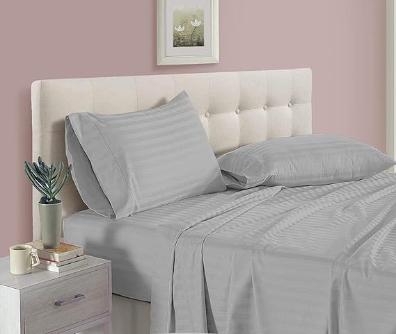 OYO COLLECTION Luxurious 600-Thread Count 100% PIMA Cotton 4-PCs Sheet Set Queen Size Fits 15-18 Inches Deep Pocket (Stripe, Silver Grey)