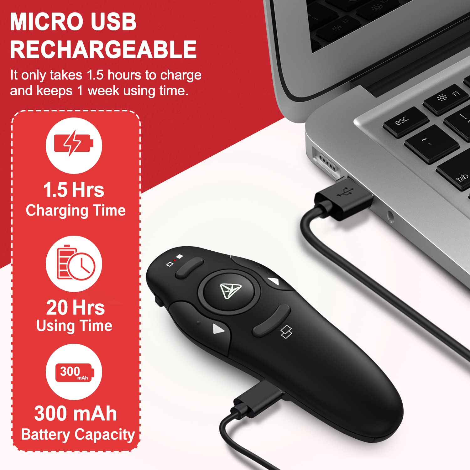 Rechargeable Presentation Clicker with Red Laser Pointer, Wireless Presenter Remote for PPT Clicker, 2.4GHz Presentation Remote Slide Advancer Powerpoint Clicker for Mac/Computer/Laptop/Keynote…