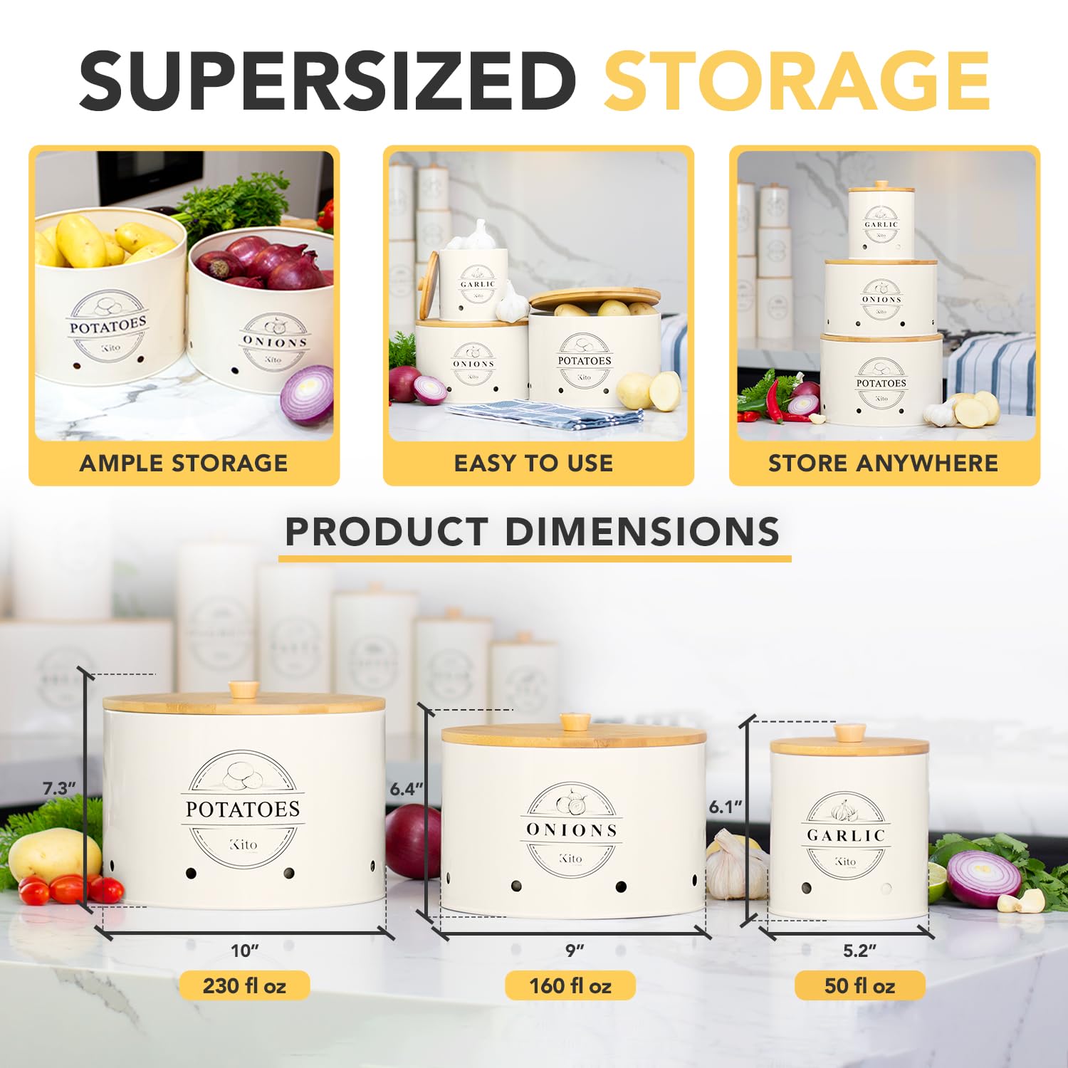Kito LIVING Canister Sets For Kitchen Counter, 3 Piece Garlic Potato Onion Keeper Kitchen Canisters for Pantry Organization and Storage Bins with Wooden Bamboo Lids, Kitchen Organization (Cream)