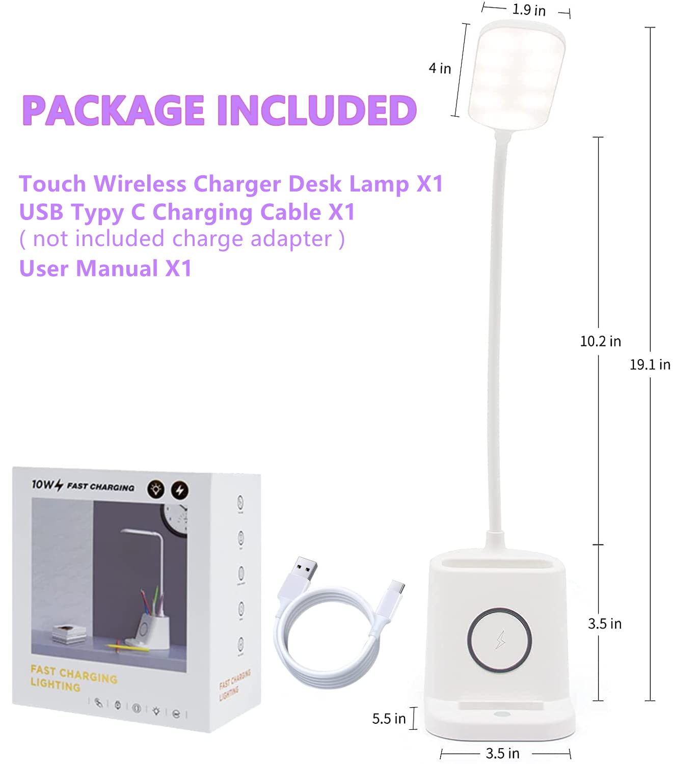 Small Desk Lamp with Wireless Charger, Desk Lights for Home Office - LED, White,Brightness Adjustment, 3 Color Modes,500LM, Study Lamp with Pen Holder, Desktop Study Desk Lamp for College Dorm Room