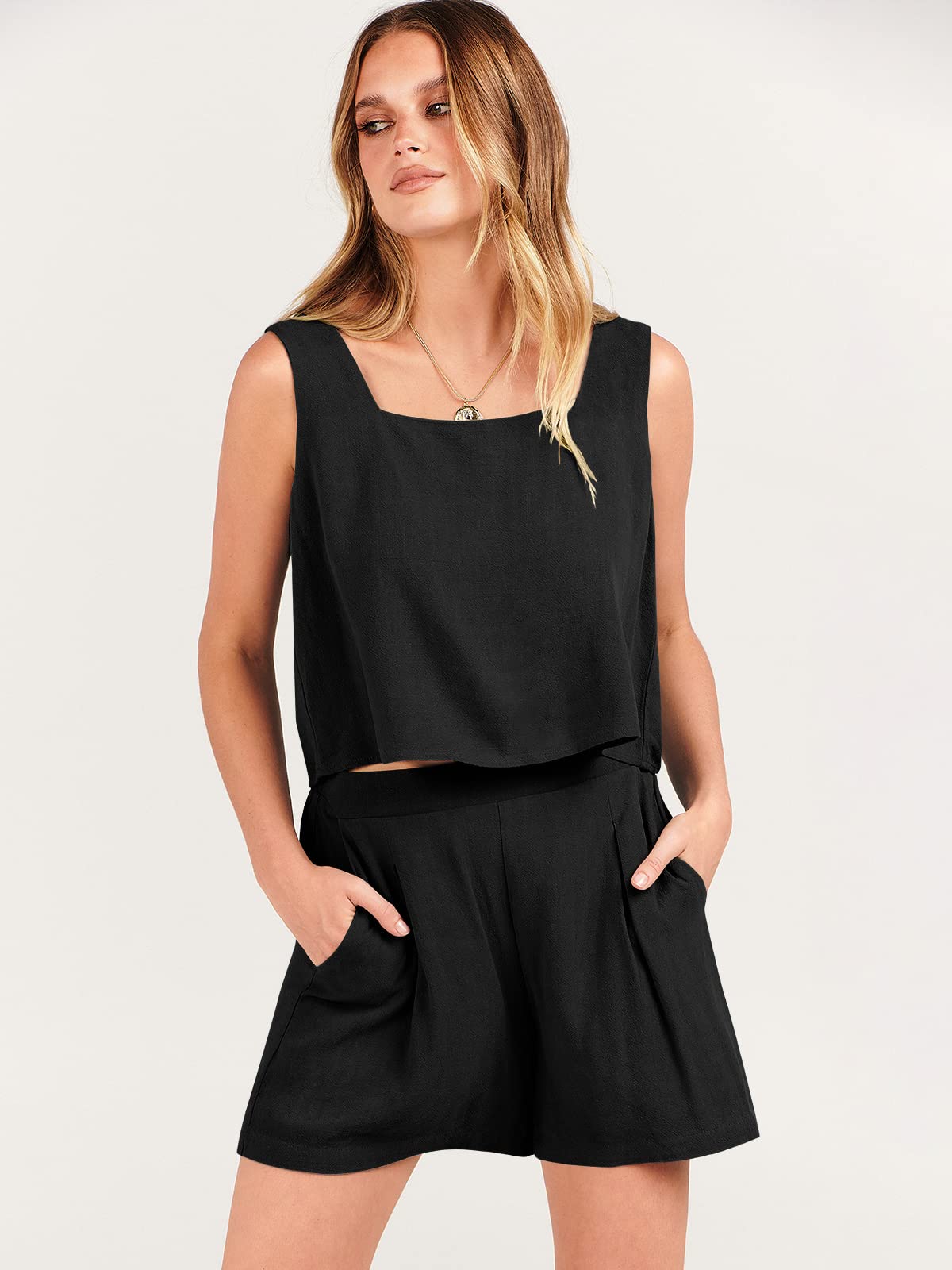 ANRABESS Womens 2 Piece Outfits Linen Square Neck Crop Short Set Lounge Matching Sets 2023 Trendy Clothes Summer Vacation Set for Beach Vacation Resort 997heise-S, Black