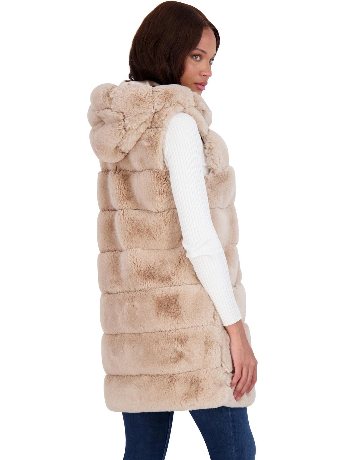 VIA SPIGA Women's Grooved Faux Fur Hooded Vest Beige Size L