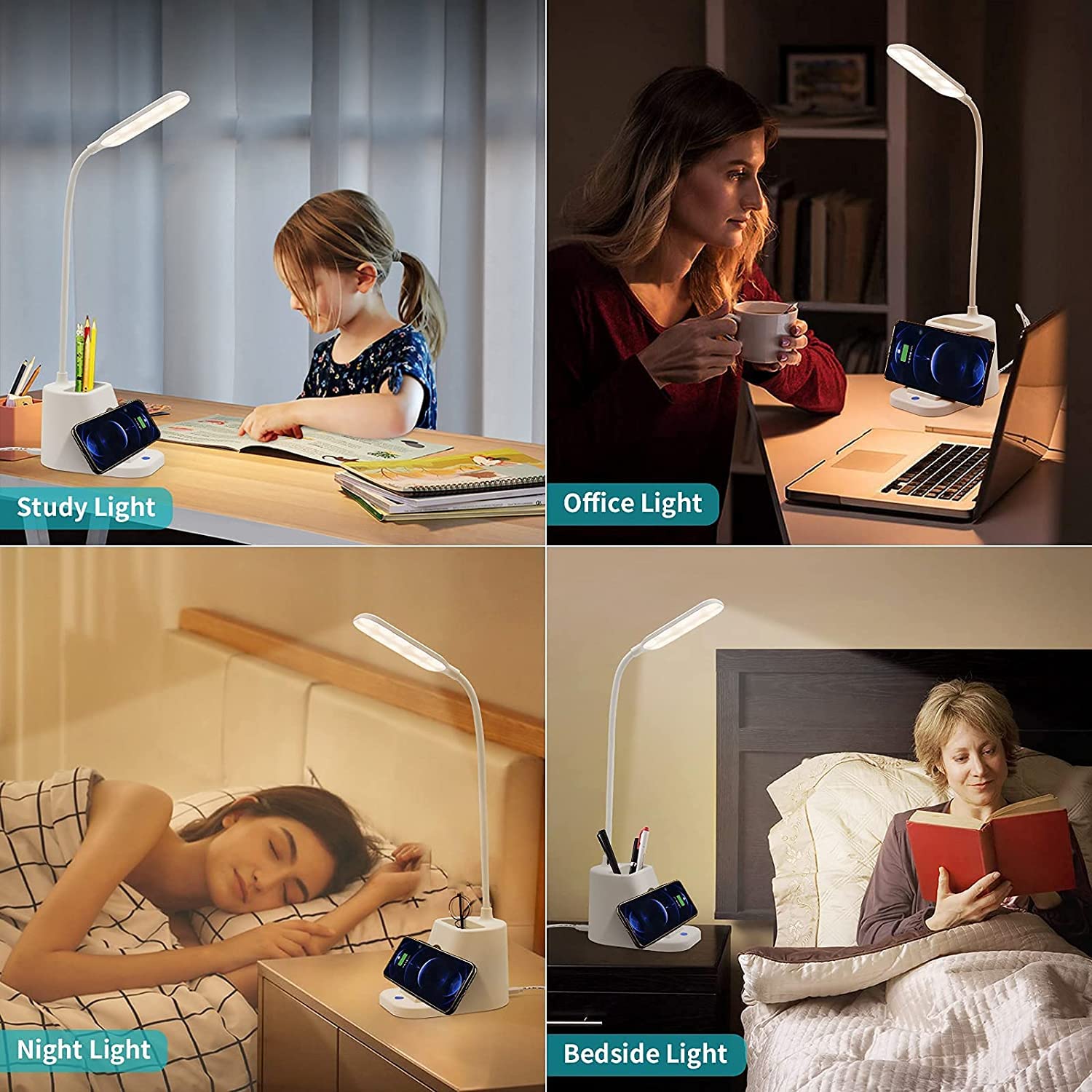 Small Desk Lamp with Wireless Charger, Desk Lights for Home Office - LED, White,Brightness Adjustment, 3 Color Modes,500LM, Study Lamp with Pen Holder, Desktop Study Desk Lamp for College Dorm Room