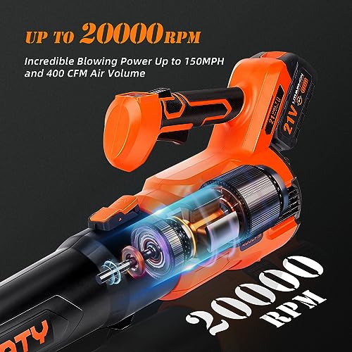 Cordless Leaf Blower 400 CFM Electric Blower with 2 Packs 4.0Ah Battery Powered 3-Gear Wind Speed Handheld Lightweight Blower for Lawn Yard Garden (2pcs Battery)