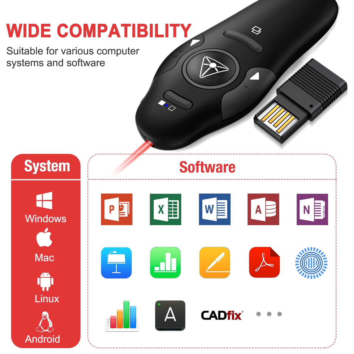 Rechargeable Presentation Clicker with Red Laser Pointer, Wireless Presenter Remote for PPT Clicker, 2.4GHz Presentation Remote Slide Advancer Powerpoint Clicker for Mac/Computer/Laptop/Keynote…