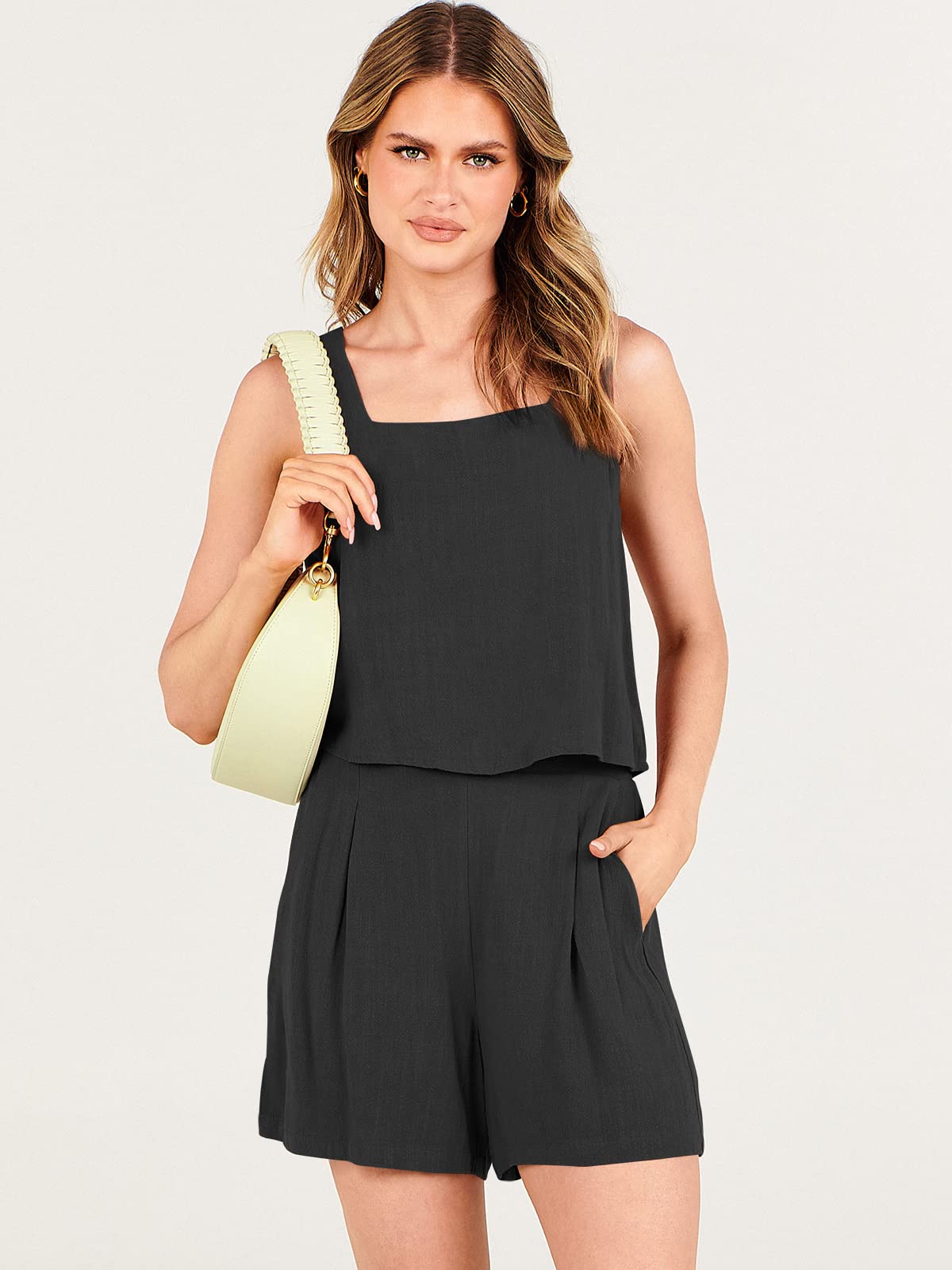 ANRABESS Womens 2 Piece Outfits Linen Square Neck Crop Short Set Lounge Matching Sets 2023 Trendy Clothes Summer Vacation Set for Beach Vacation Resort 997heise-S, Black