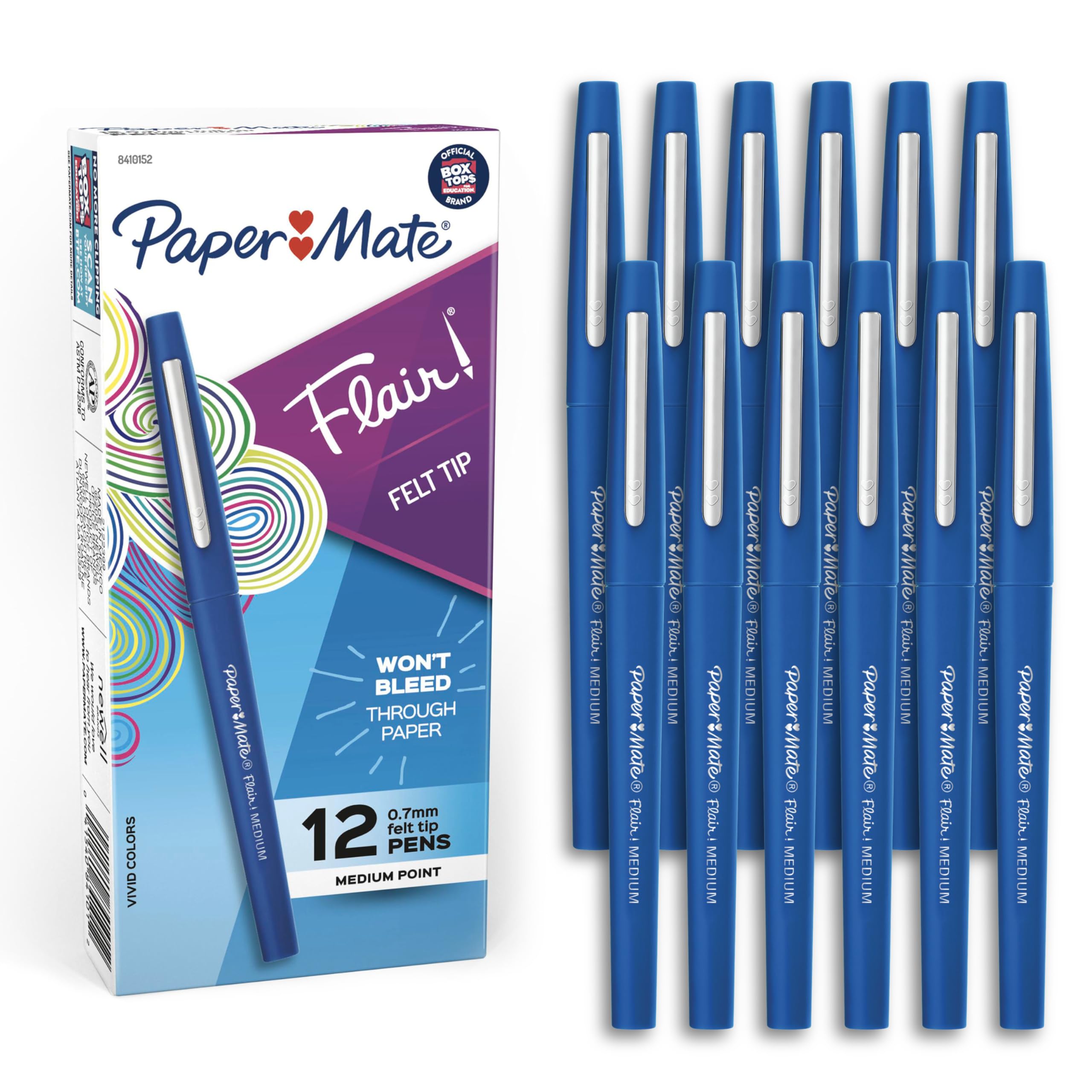 Paper Mate Flair Felt Tip Pens, Medium Point (0.7mm), Blue, 12 Count