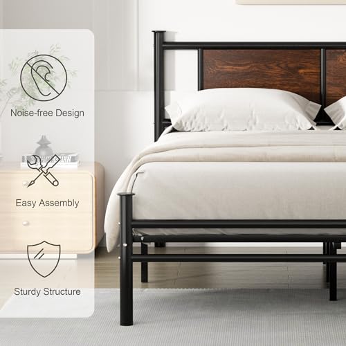 HAOARA California King Size Bed Frame with Rustic Wood Headboard, Metal Heavy Duty Platform Frame, Sturdy Steel Slat Support, No Box Spring Needed, Black