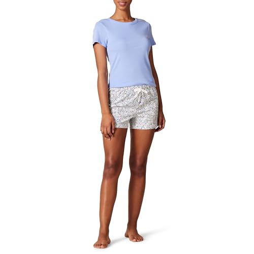 Amazon Essentials Women's Poplin Short and Sleep Tee Set, Blue Floral, Large