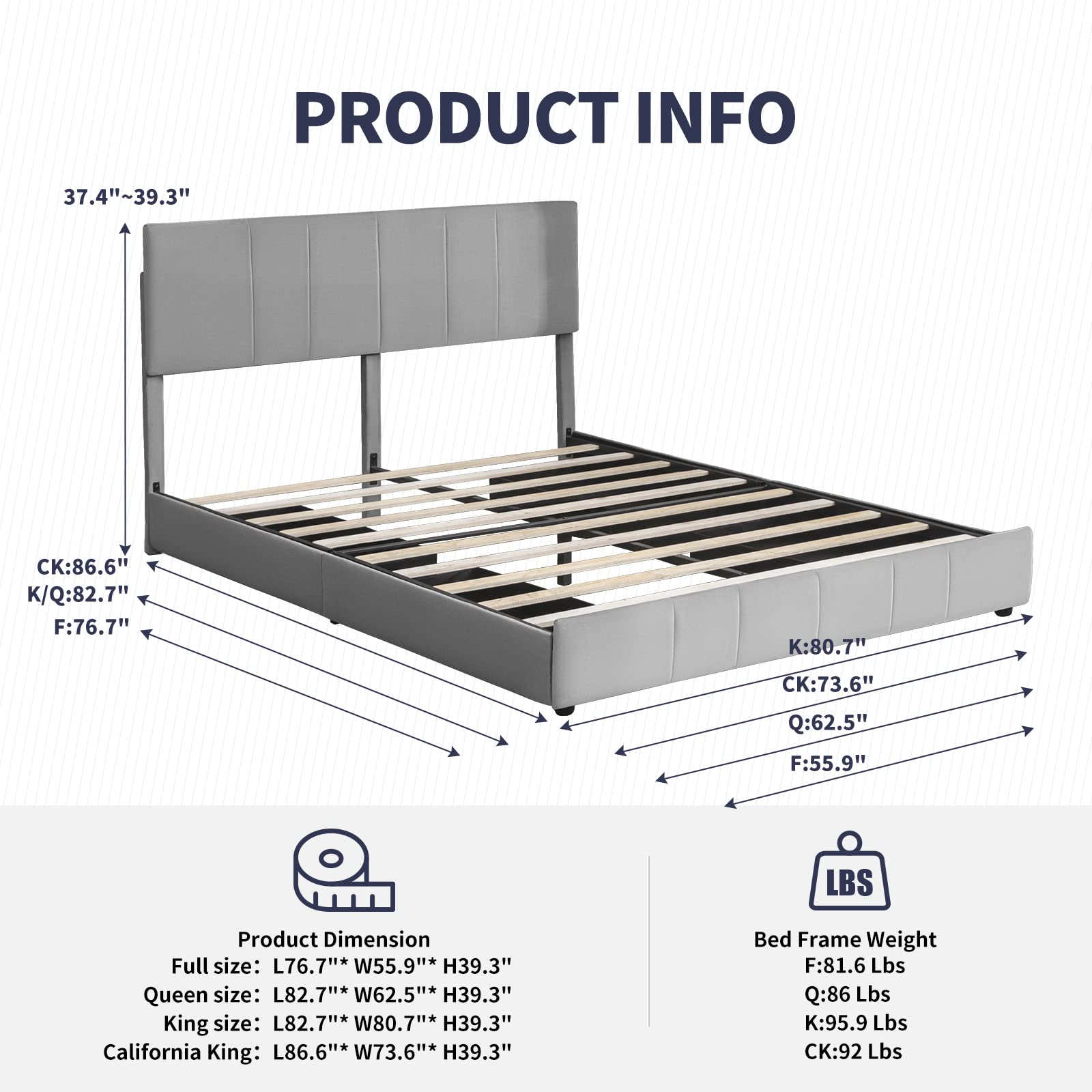 ZAFLY Platform California King Size Bed Frame with Adjustable Headboard,Upholstered Cal King Bed Frame with 4 Storage Drawers,Wooden Slats Support,No Box Spring Needed,Easy Assembly (Light Grey)