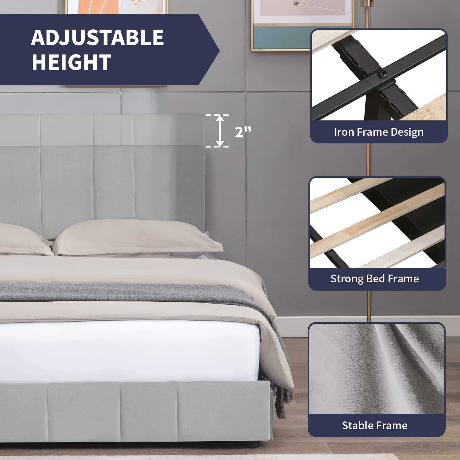 ZAFLY Platform California King Size Bed Frame with Adjustable Headboard,Upholstered Cal King Bed Frame with 4 Storage Drawers,Wooden Slats Support,No Box Spring Needed,Easy Assembly (Light Grey)