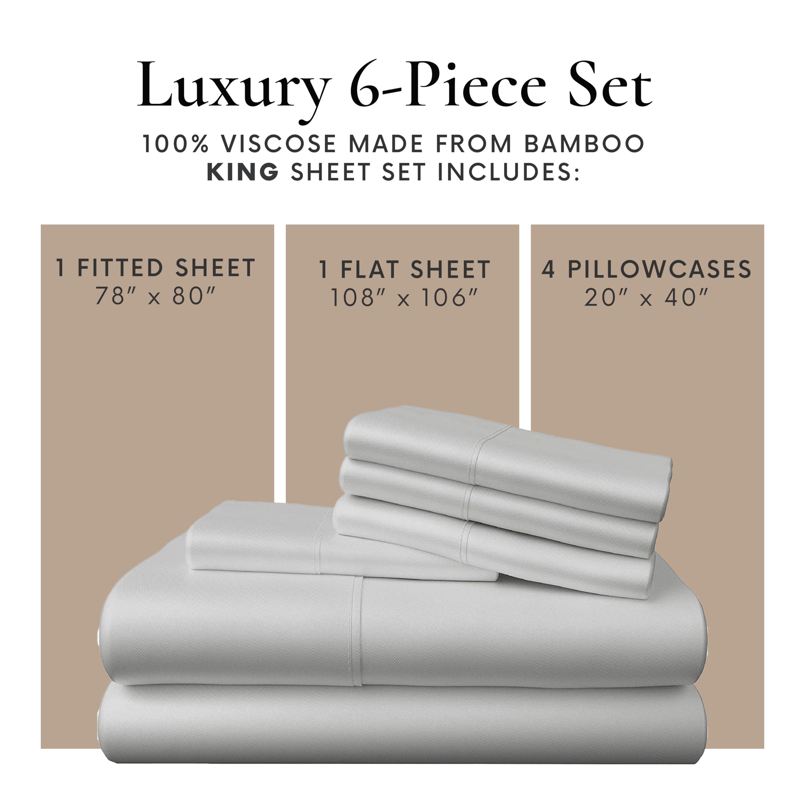 Bamboo Bay 6 Piece King Size Sheet Set, 100% Viscose Made from Bamboo, Breathable Ultra Soft Cooling Bed Sheets for Hot Sleepers, Beddings with Deep Pockets Fit 16" Mattress, Light Grey