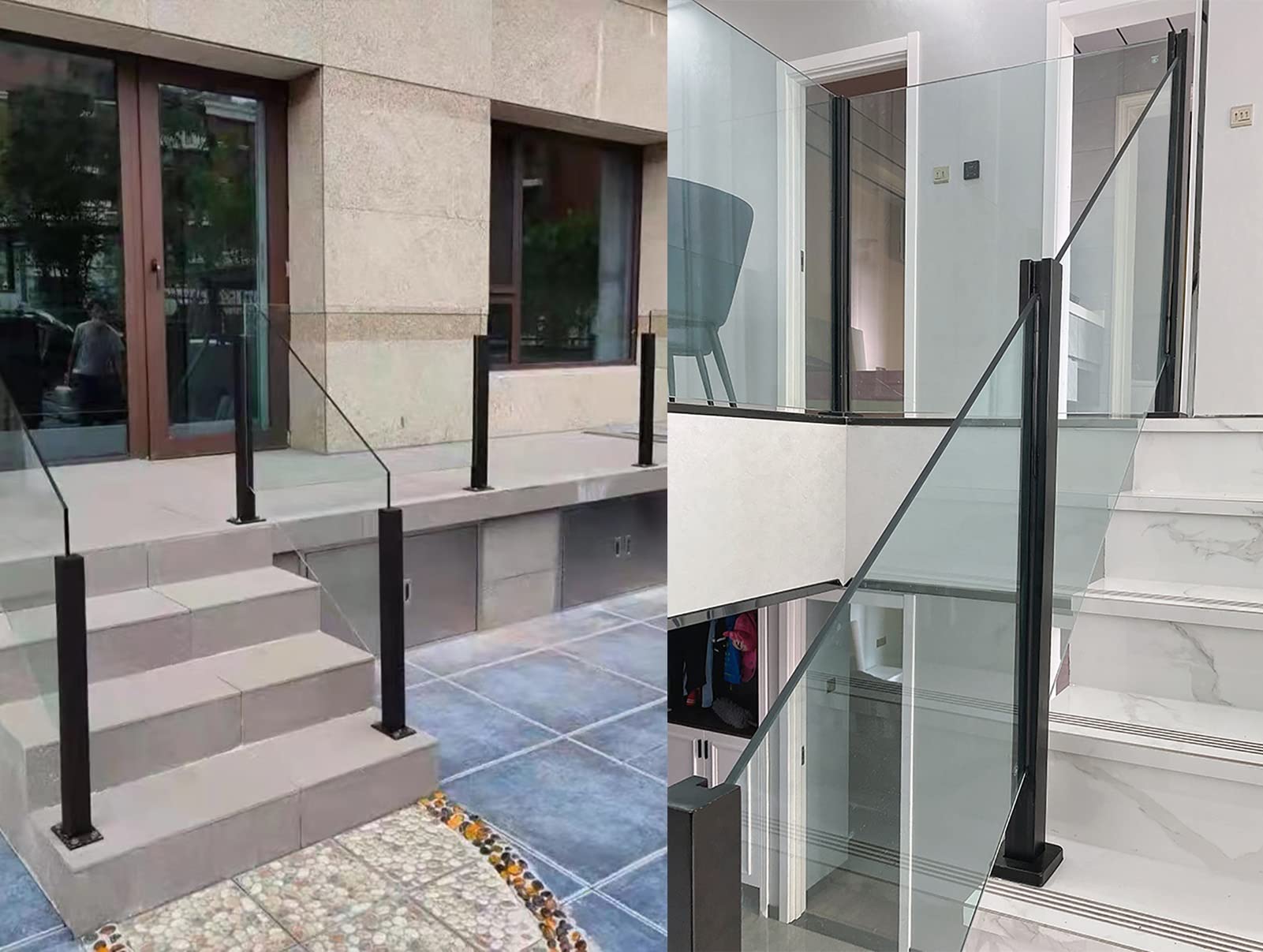 MBROS Extra Long Glass Railing Post Black, Stair Glass Deck Railing System Glass Panels Set, Stainless Steel Glass Balustrade Post for Balcony