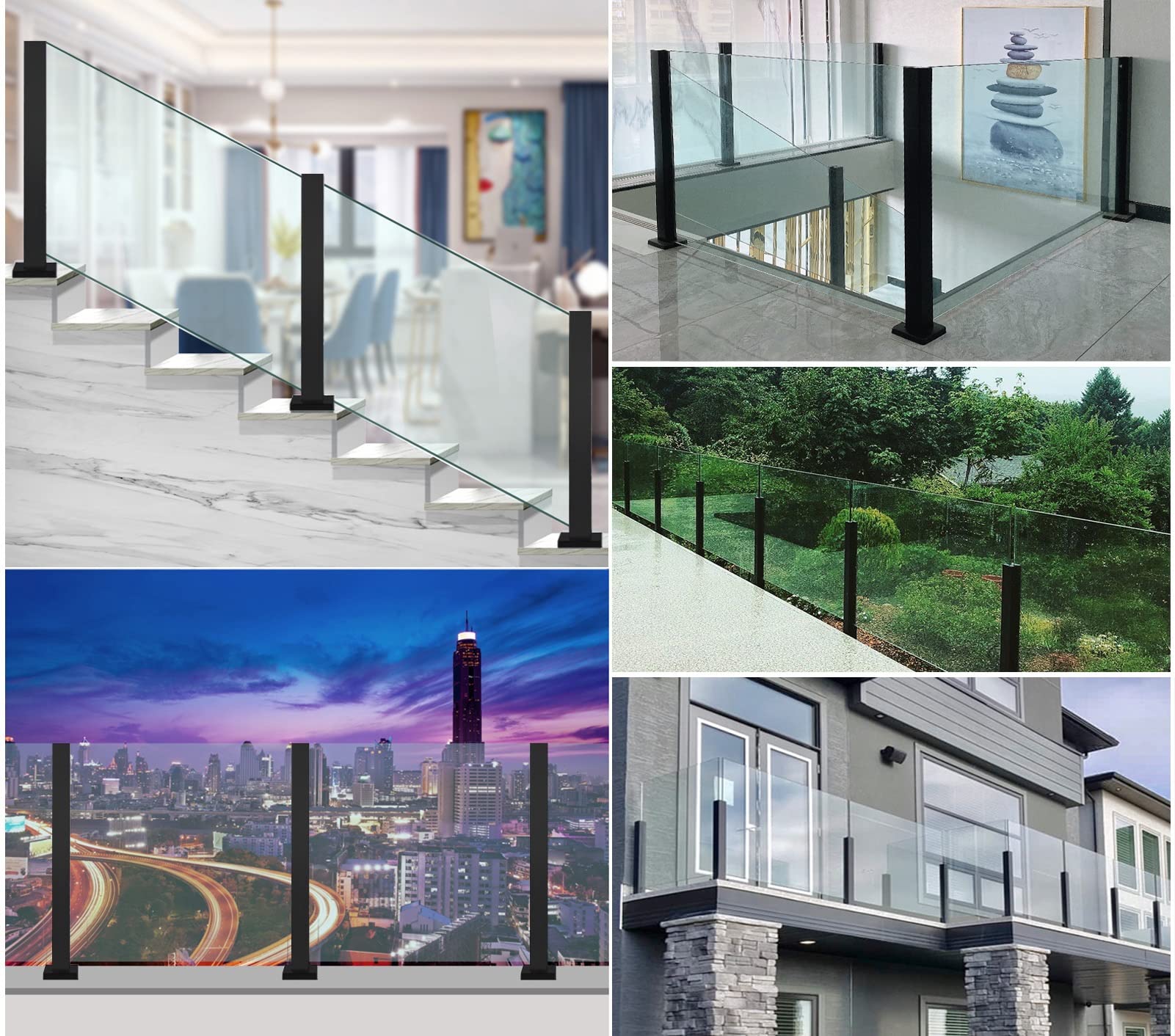 MBROS Extra Long Glass Railing Post Black, Stair Glass Deck Railing System Glass Panels Set, Stainless Steel Glass Balustrade Post for Balcony