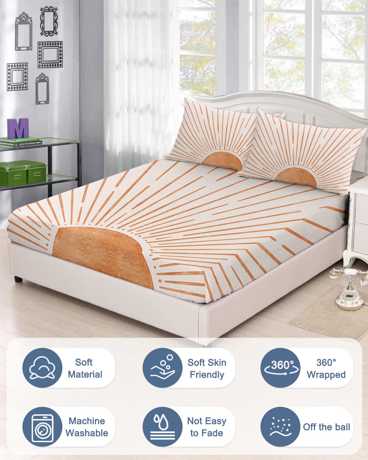 Fitted Sheet Set for Queen Size Bed Mid Century Boho Orange Sun Aesthetic Striped 3 Pieces Bedding Sheets-Deep Pocket Bedsheet Fits Mattress Upto 16",2 Pillow Cases Bedroom Decor Retro Beige