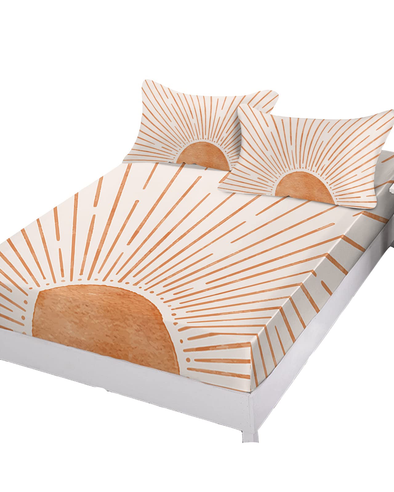 Fitted Sheet Set for Queen Size Bed Mid Century Boho Orange Sun Aesthetic Striped 3 Pieces Bedding Sheets-Deep Pocket Bedsheet Fits Mattress Upto 16",2 Pillow Cases Bedroom Decor Retro Beige
