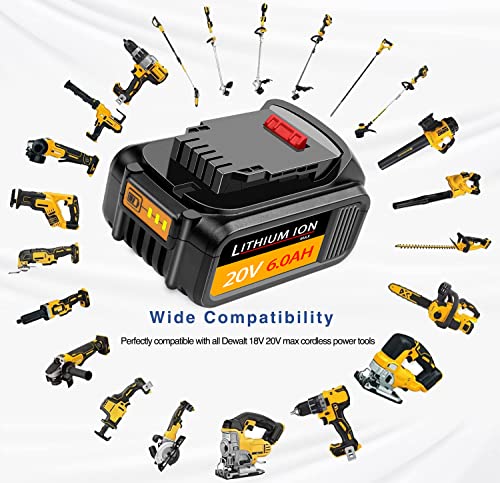 DTK 2Pack 6.0Ah Battery Replacement for Dewalt 20V Battery DCB200 DCB203 DCB204 DCB206 20V Lithium Batteries