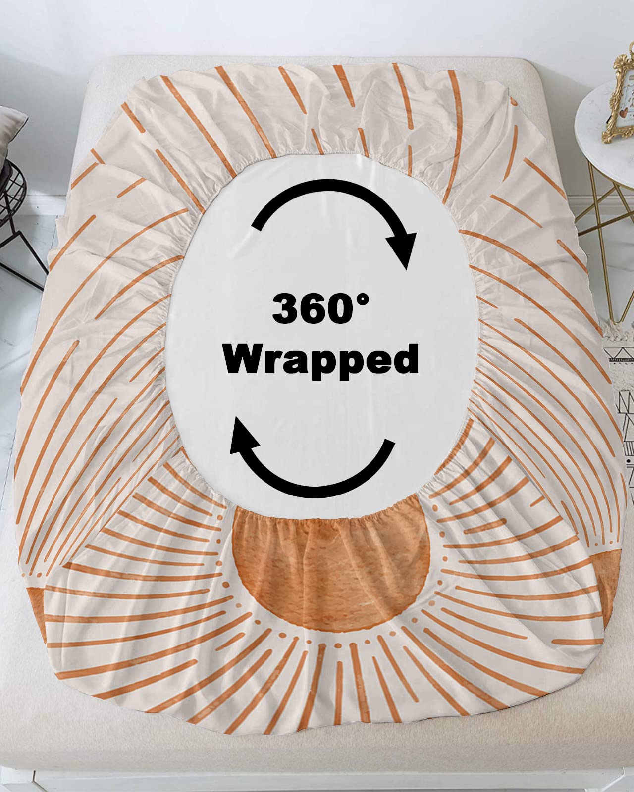 Fitted Sheet Set for Queen Size Bed Mid Century Boho Orange Sun Aesthetic Striped 3 Pieces Bedding Sheets-Deep Pocket Bedsheet Fits Mattress Upto 16",2 Pillow Cases Bedroom Decor Retro Beige