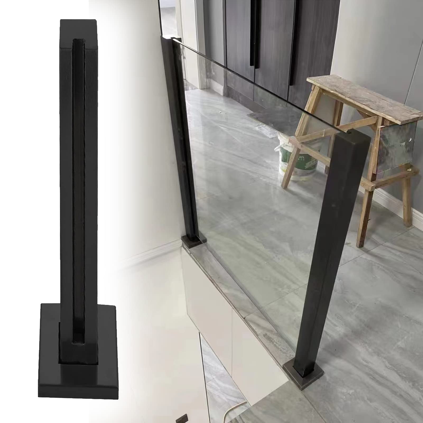 MBROS Extra Long Glass Railing Post Black, Stair Glass Deck Railing System Glass Panels Set, Stainless Steel Glass Balustrade Post for Balcony