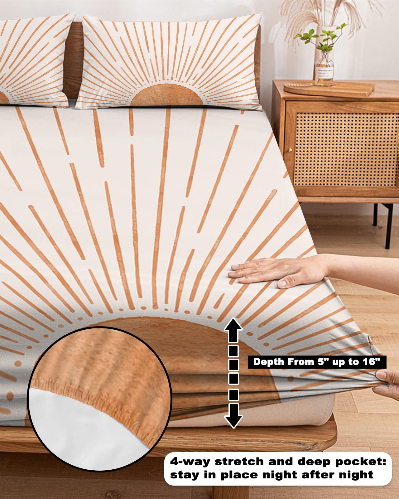 Fitted Sheet Set for Queen Size Bed Mid Century Boho Orange Sun Aesthetic Striped 3 Pieces Bedding Sheets-Deep Pocket Bedsheet Fits Mattress Upto 16",2 Pillow Cases Bedroom Decor Retro Beige