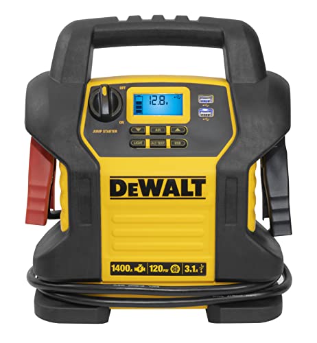 DEWALT DXAEJ14 Digital Portable Power Station Jump Starter: 1400 Peak/700 Instant Amps, 120 PSI Digital Air Compressor, 3.1A USB Ports, Battery Clamps , Yellow