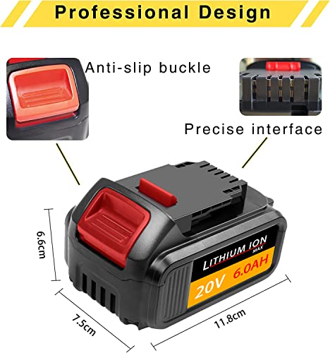 DTK 2Pack 6.0Ah Battery Replacement for Dewalt 20V Battery DCB200 DCB203 DCB204 DCB206 20V Lithium Batteries