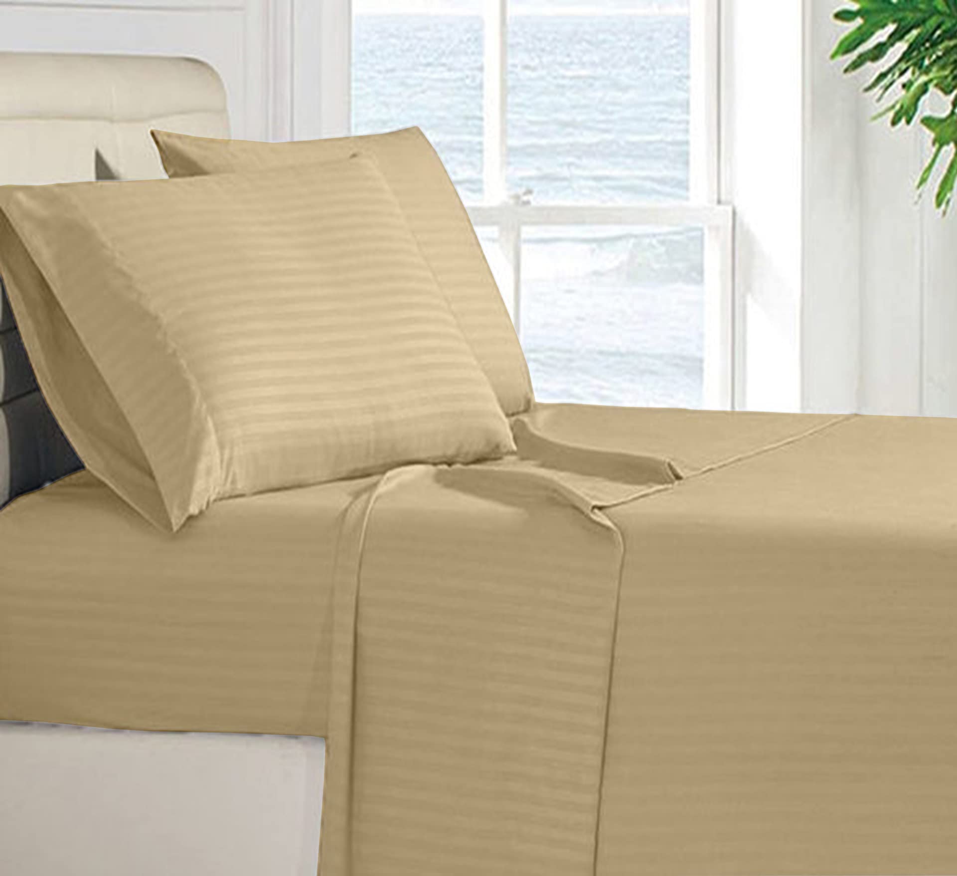 BeKind Online 600 Thread Count Olympic Queen Size Striped Sheet Set 100% Egypt Cotton 600 Thread-Count Hotel Quality Sateen Finish 8-Inches Deep Pockets Cotton Soft Egyptian Sheet - Taupe Stripe