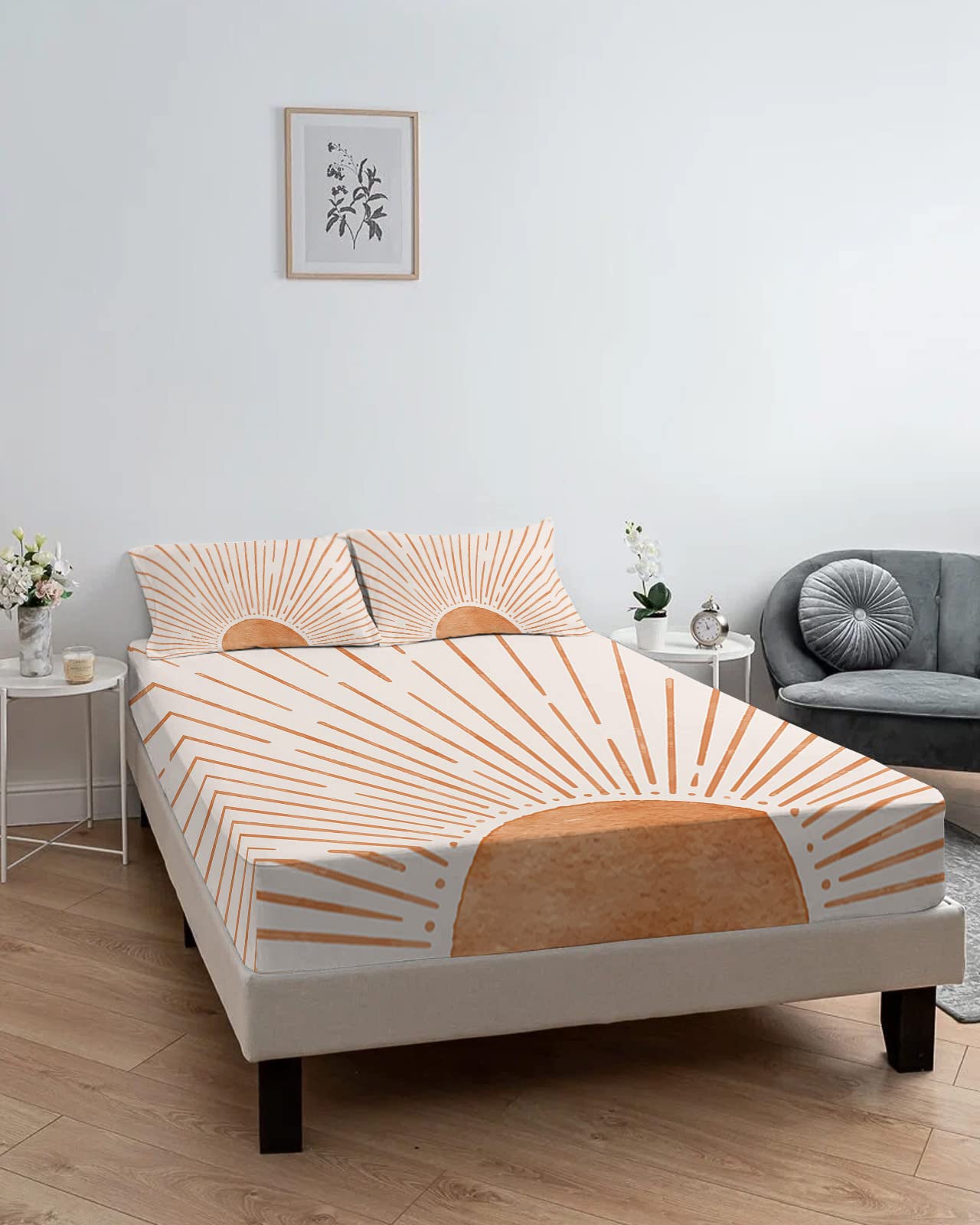 Fitted Sheet Set for Queen Size Bed Mid Century Boho Orange Sun Aesthetic Striped 3 Pieces Bedding Sheets-Deep Pocket Bedsheet Fits Mattress Upto 16",2 Pillow Cases Bedroom Decor Retro Beige