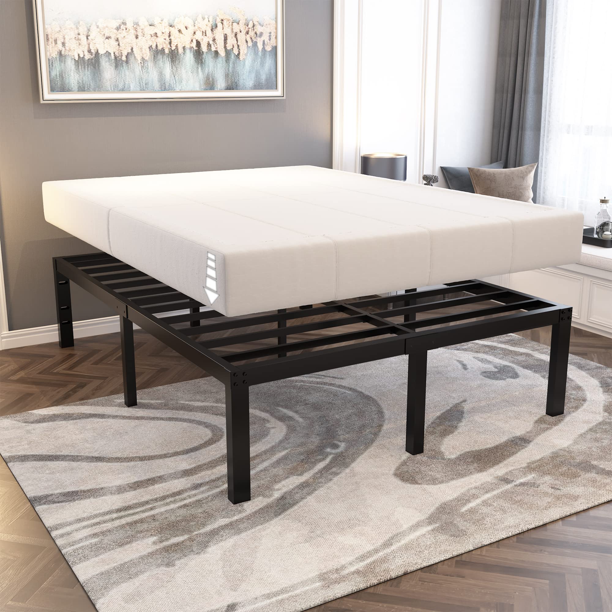 yookare 18 Inch Tall and Strong Platform Metal Bed Frame/Easy Assembly Mattress Foundation/ 4000lbs Heavy Duty Frame with Steel Slat Support/No Noise/No Box Spring Needed,Cal King