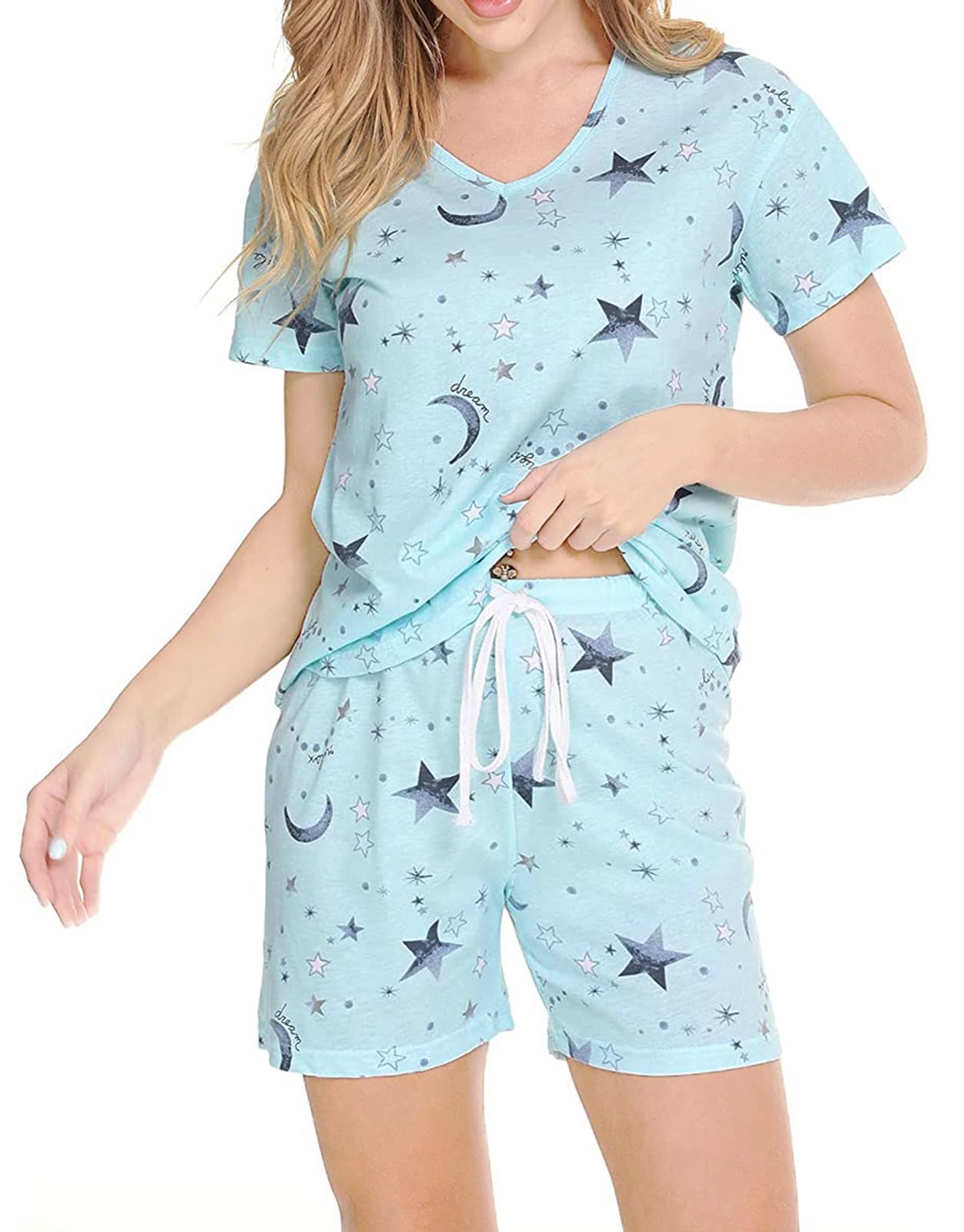 CHUNG Women Short Sleeve Shirt Pajamas Set with Shorts Bottom Pants Cotton V-neck Cute Pjs Sleepwear Lounge Wear Plus Size Summer (X-Large, Blue Star)