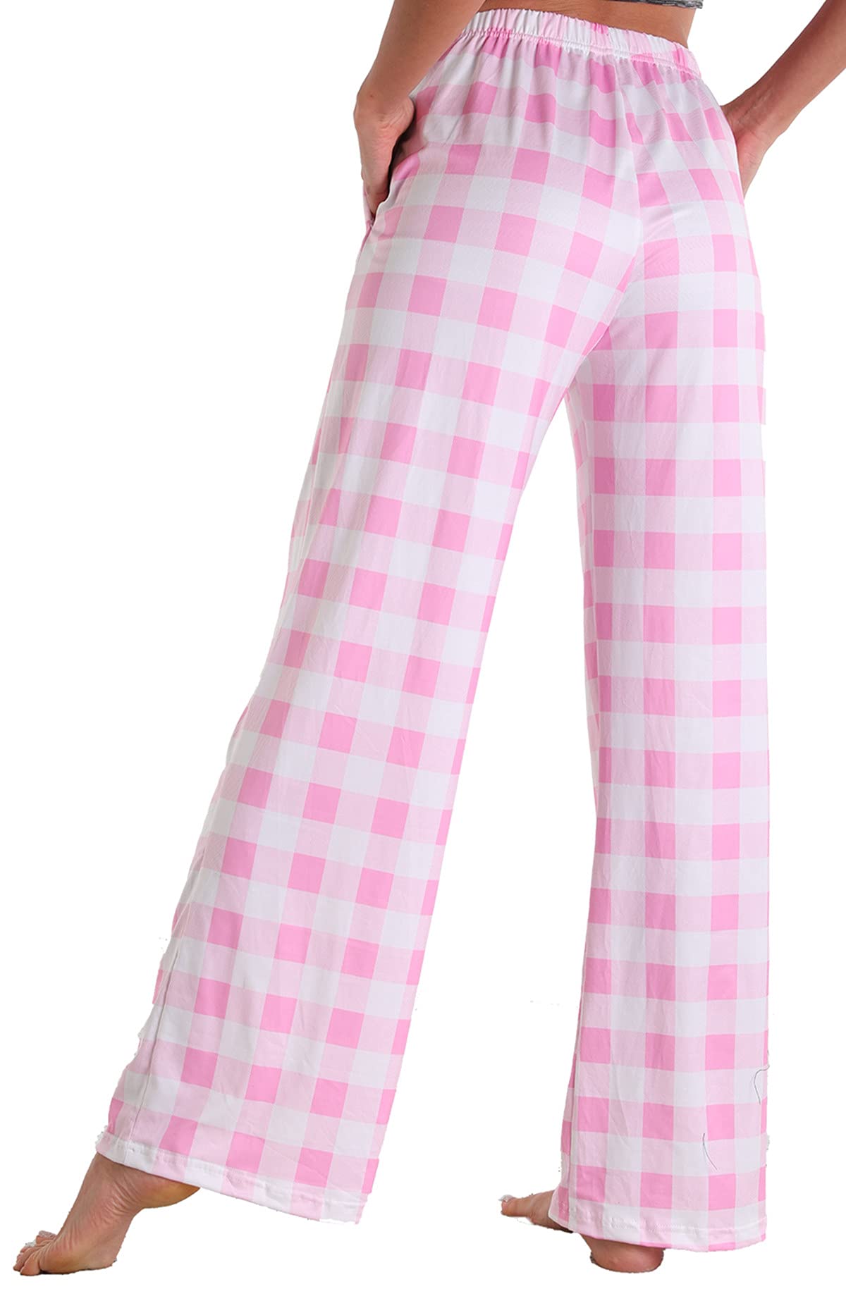 X-Image Women Casual Comfy Elastic Waist Summer Beach Pants with Pockets Loose Wide Leg Cozy Pants Yoga Sweatpants Pink Plaid, S