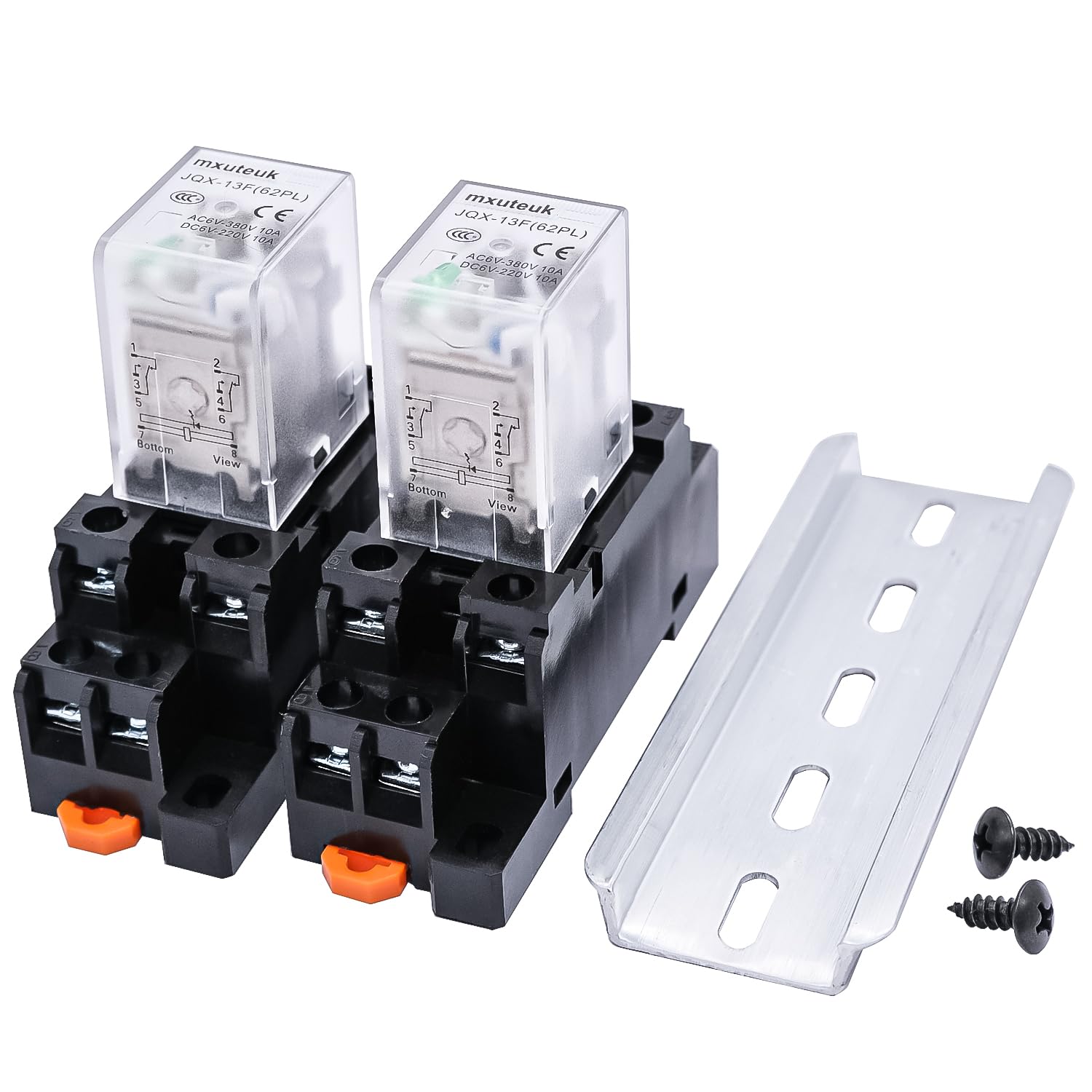 mxuteuk 2pcs JQX-13FL DC 12V Coil 8 Pin 10A DPDT LED Indicator Electromagnetic Power Relay, with Base, with DIN Rail Slotted Aluminum