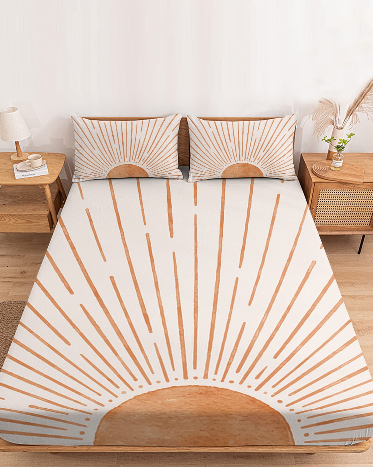 Fitted Sheet Set for Queen Size Bed Mid Century Boho Orange Sun Aesthetic Striped 3 Pieces Bedding Sheets-Deep Pocket Bedsheet Fits Mattress Upto 16",2 Pillow Cases Bedroom Decor Retro Beige