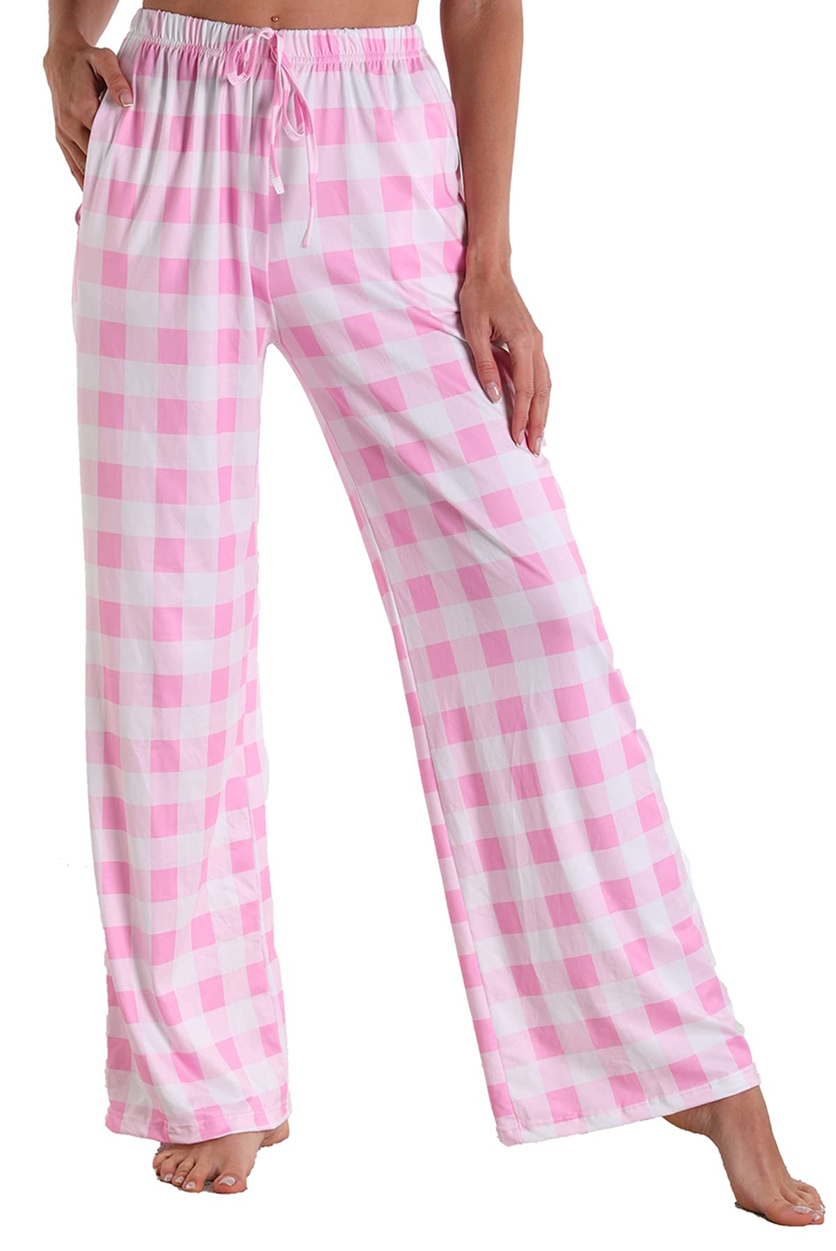 X-Image Women Casual Comfy Elastic Waist Summer Beach Pants with Pockets Loose Wide Leg Cozy Pants Yoga Sweatpants Pink Plaid, S