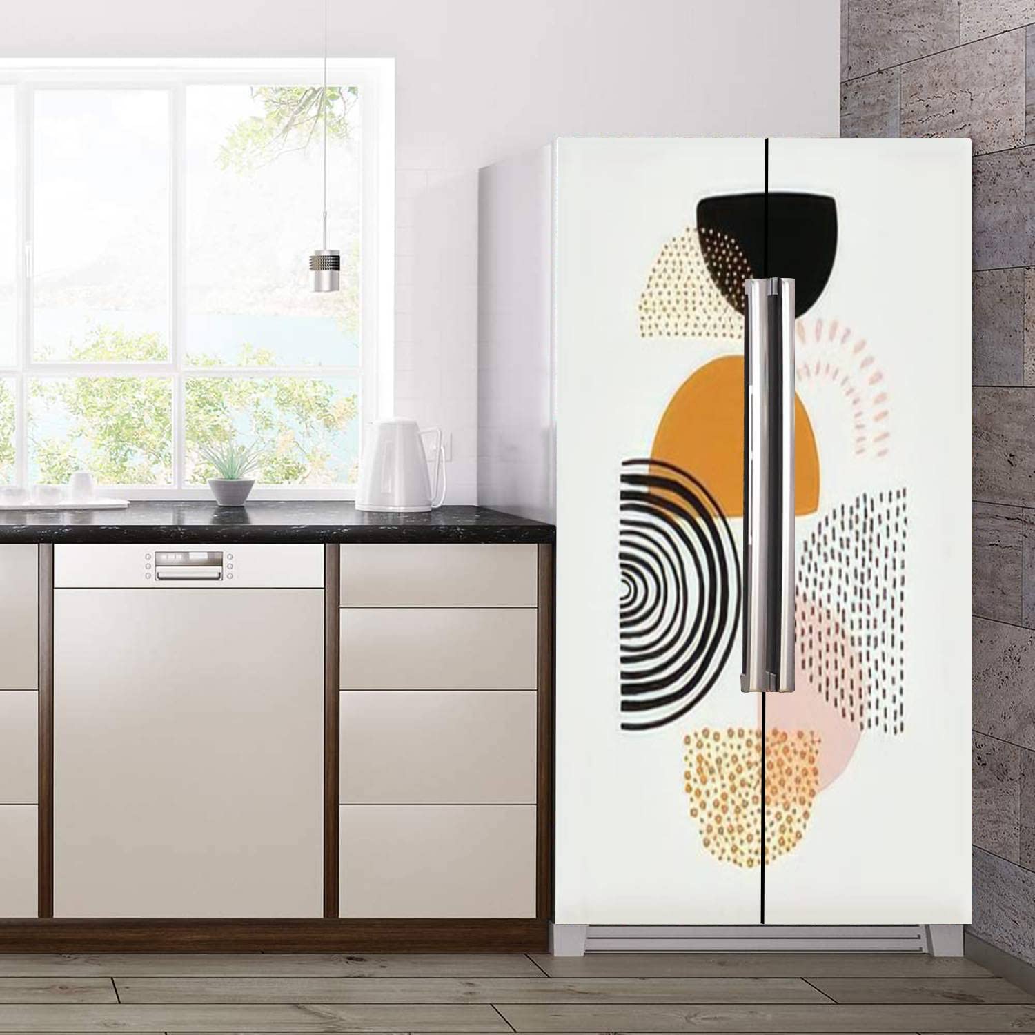 BSPWIRFNZPL Self Adhesive Vinyl Refrigerator Wrap Set Trendy Abstract Shapes Mid Century Inspired Art Organic tral Door Mural Sticker Removable Fridge Cover Peel and Stick Kitchen Decor