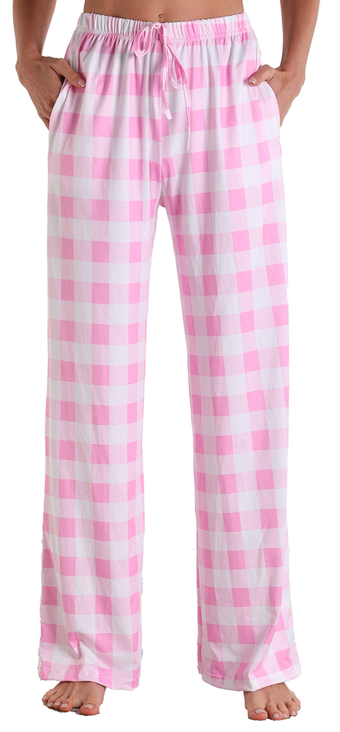 X-Image Women Casual Comfy Elastic Waist Summer Beach Pants with Pockets Loose Wide Leg Cozy Pants Yoga Sweatpants Pink Plaid, S