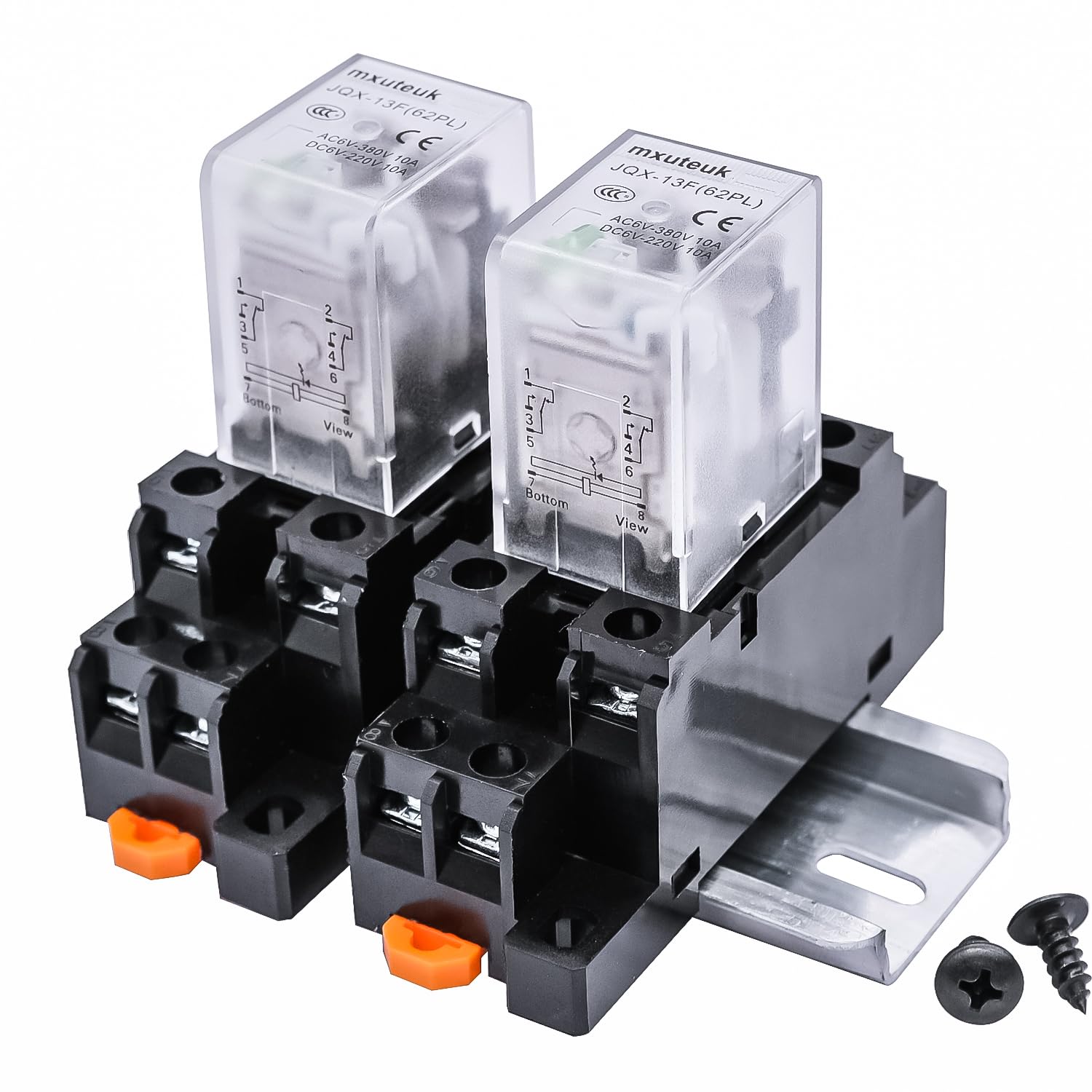 mxuteuk 2pcs JQX-13FL DC 12V Coil 8 Pin 10A DPDT LED Indicator Electromagnetic Power Relay, with Base, with DIN Rail Slotted Aluminum
